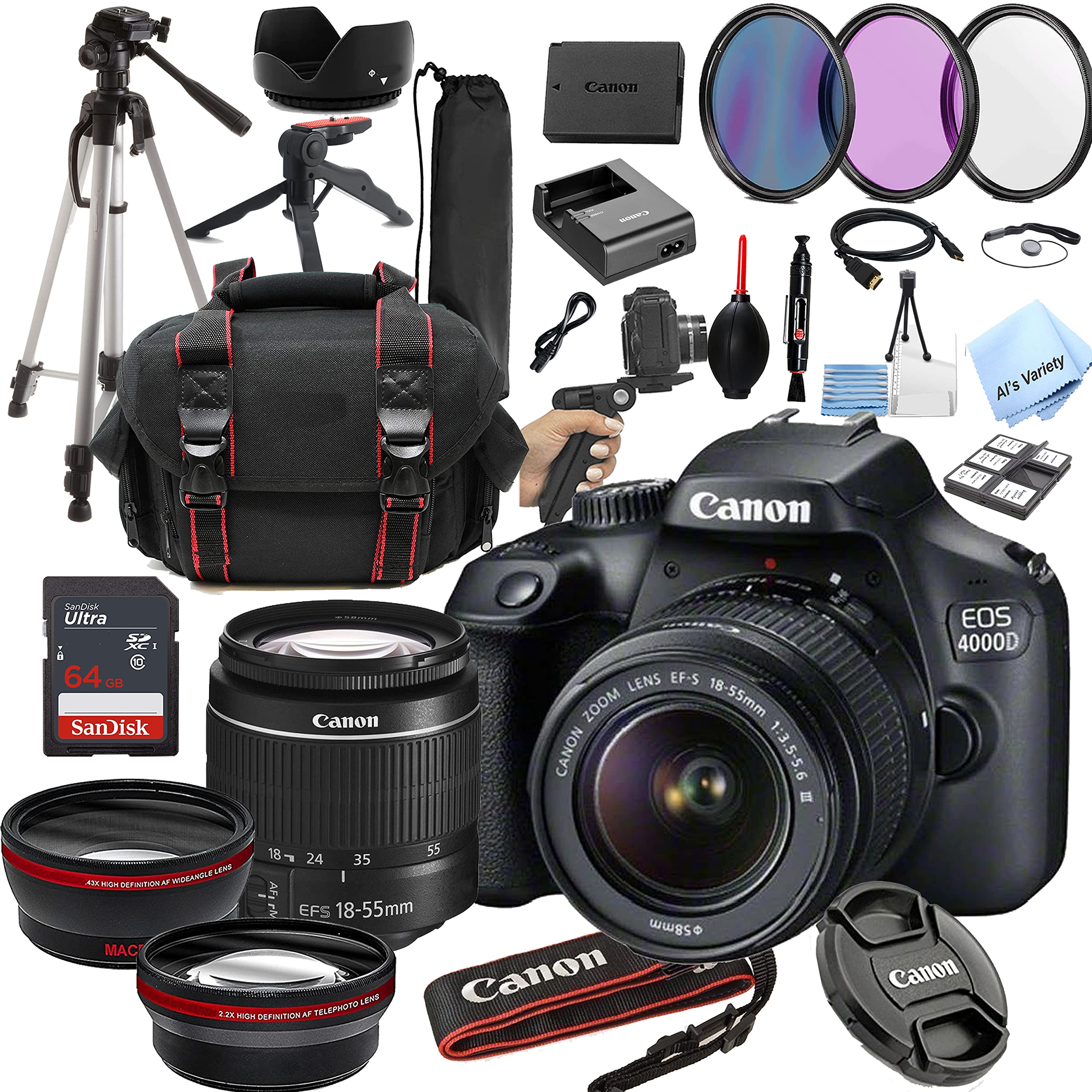 Canon Camera EOS 4000D DSLR (Rebel T100) W/ 18-55mm Zoon Lens |18 Megapixels CMOS | Full HD Video +64GB Memory, Wide Angle + Telephoto Lens, Filters, Case, Tripod + More (28PC Bundle Kit) (Renewed)