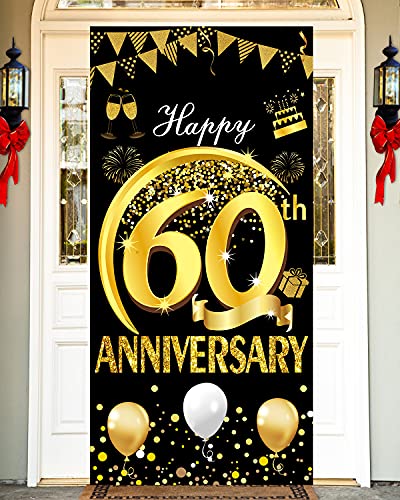 Happy 60th Anniversary Door Banner Decorations, Black Gold 60th Wedding Anniversary Door Cover Party Supplies, 60 Year Anniversary Door Decor Sign for Outdoor Indoor