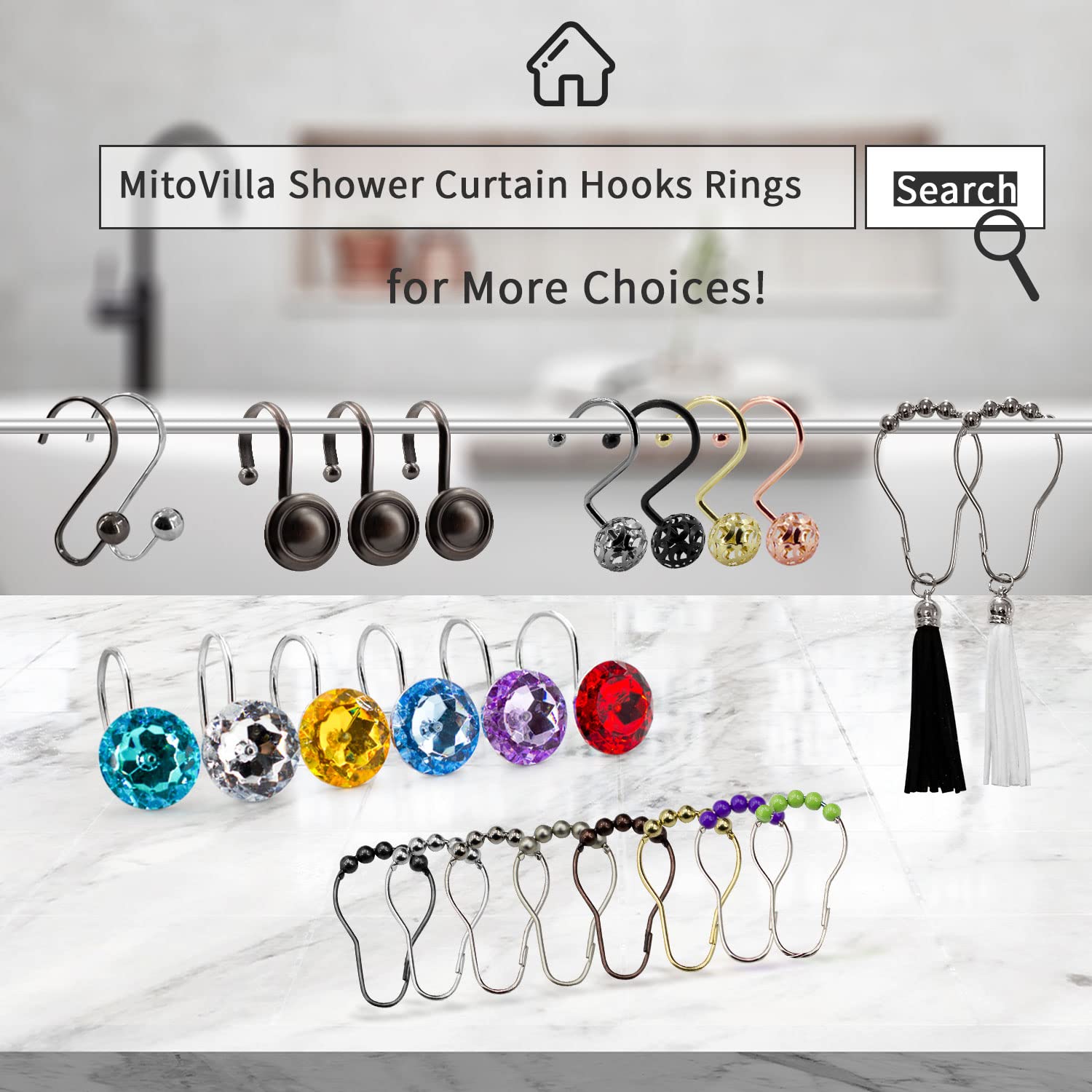 MitoVilla Silver Metal Shower Curtain Rings and Hooks, Chrome Metal Hollow Ball Rust Proof Rings for Curtain Liner and Bathroom Shower Rod Accessories
