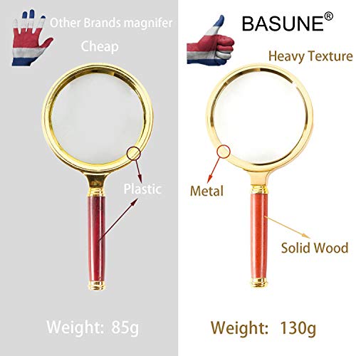 BASUNE 10X Handheld Magnifier, Reading Magnifier Loupe Glasses 10X with Rosewood Handle for Book and Newspaper Reading, Insect and Hobby Observation, Classroom Science (Metal Frame)