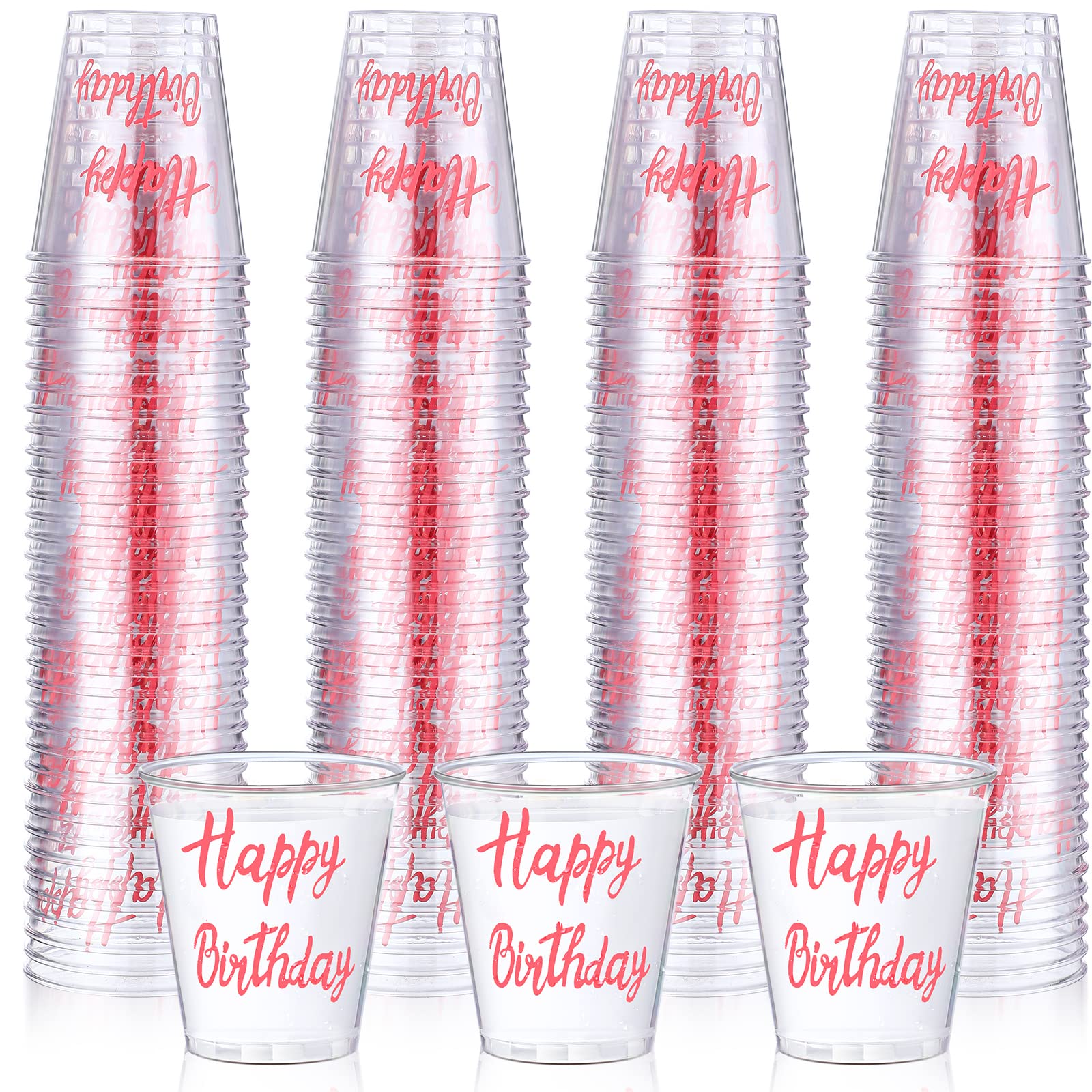 Lallisa 100 Pcs Happy Birthday Plastic Disposable Shot Cups 2 oz Birthday Shot Glass Drinking Tasting Serving Snacks Samples Cups forParty Favors Happy Wedding Supplies(Pink)