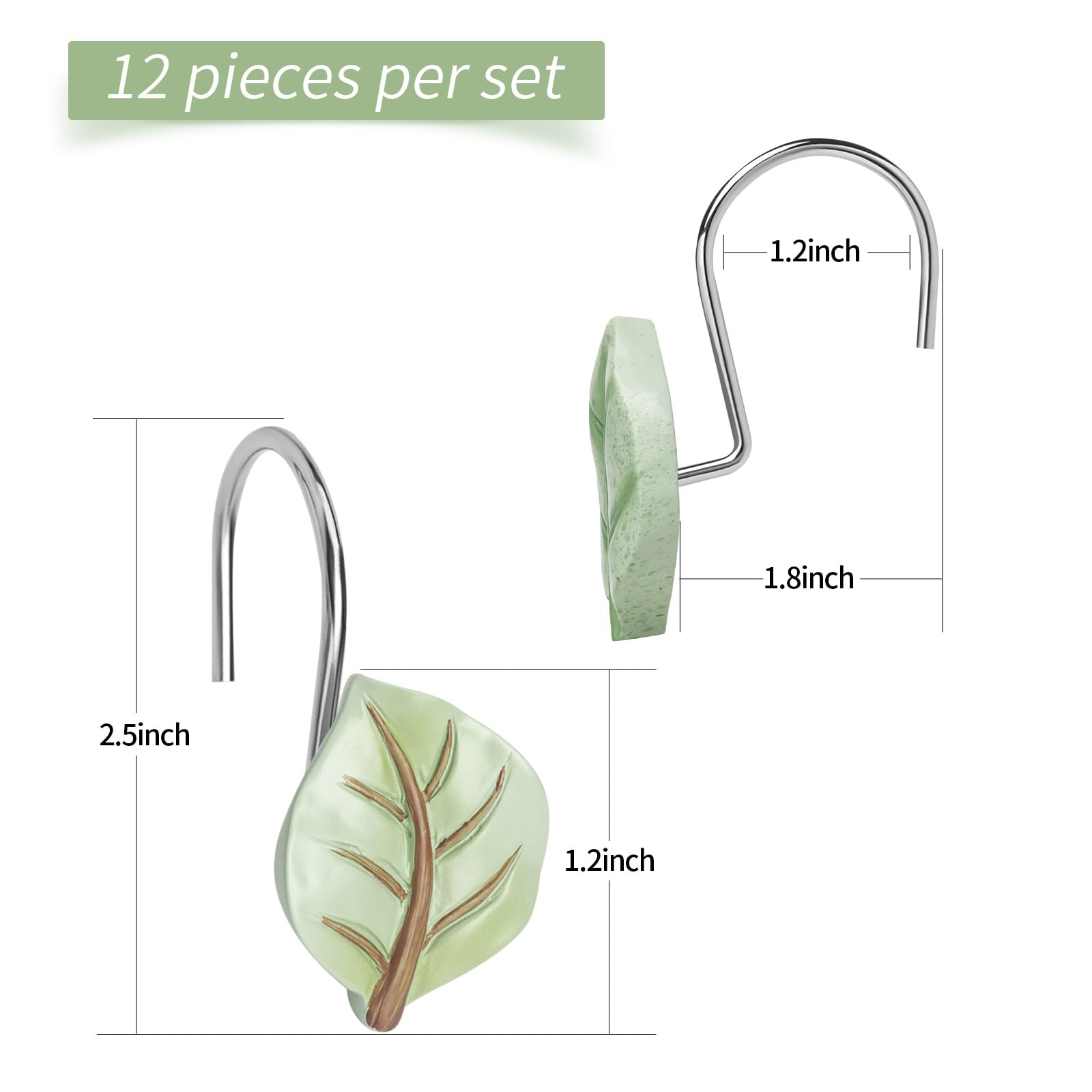 Gibelle 12PCS Leaves Shower Curtain Hooks, Green Plant Leaf Decorative Shower Curtain Hooks Metal Rustproof Cute Eucalyptus Shower Curtain Rings Bathroom Decoration Accessories