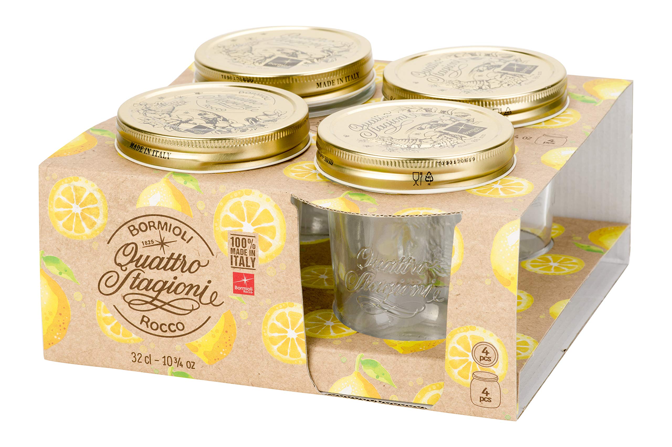 Bormioli Rocco Quattro Stagioni set of 4 Clear Airtight Mason Jars, 10.75 Oz. Made from Durable Glass, Made In Italy