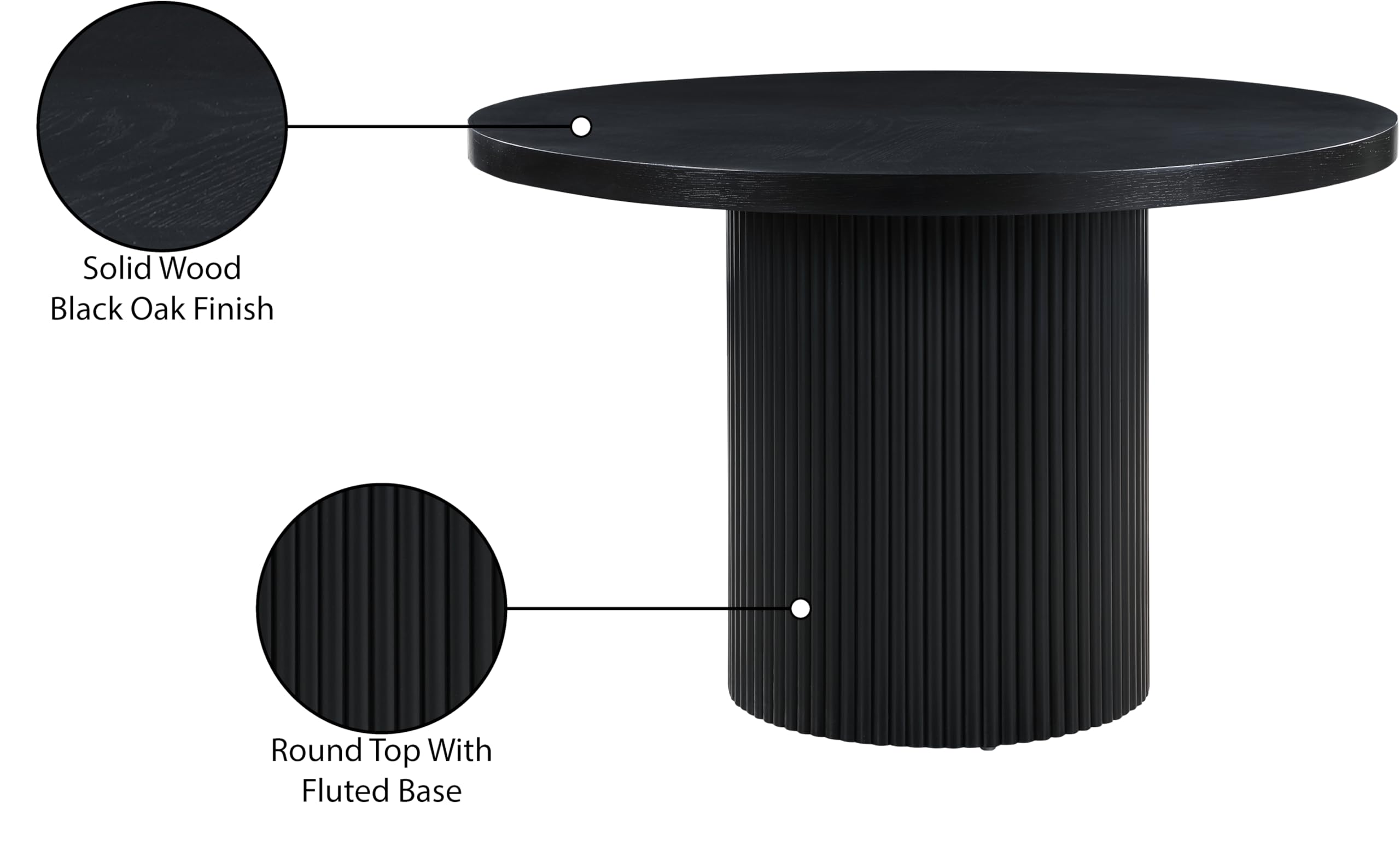 Meridian Furniture 728Black-T Belinda Collection Mid-Century Modern Dining Table, Solid Wood Base, Black Finish Oak Wood Veneer MDF Top, Round Top, Fluted Base, 48" W x 48" D x 31" H, Black