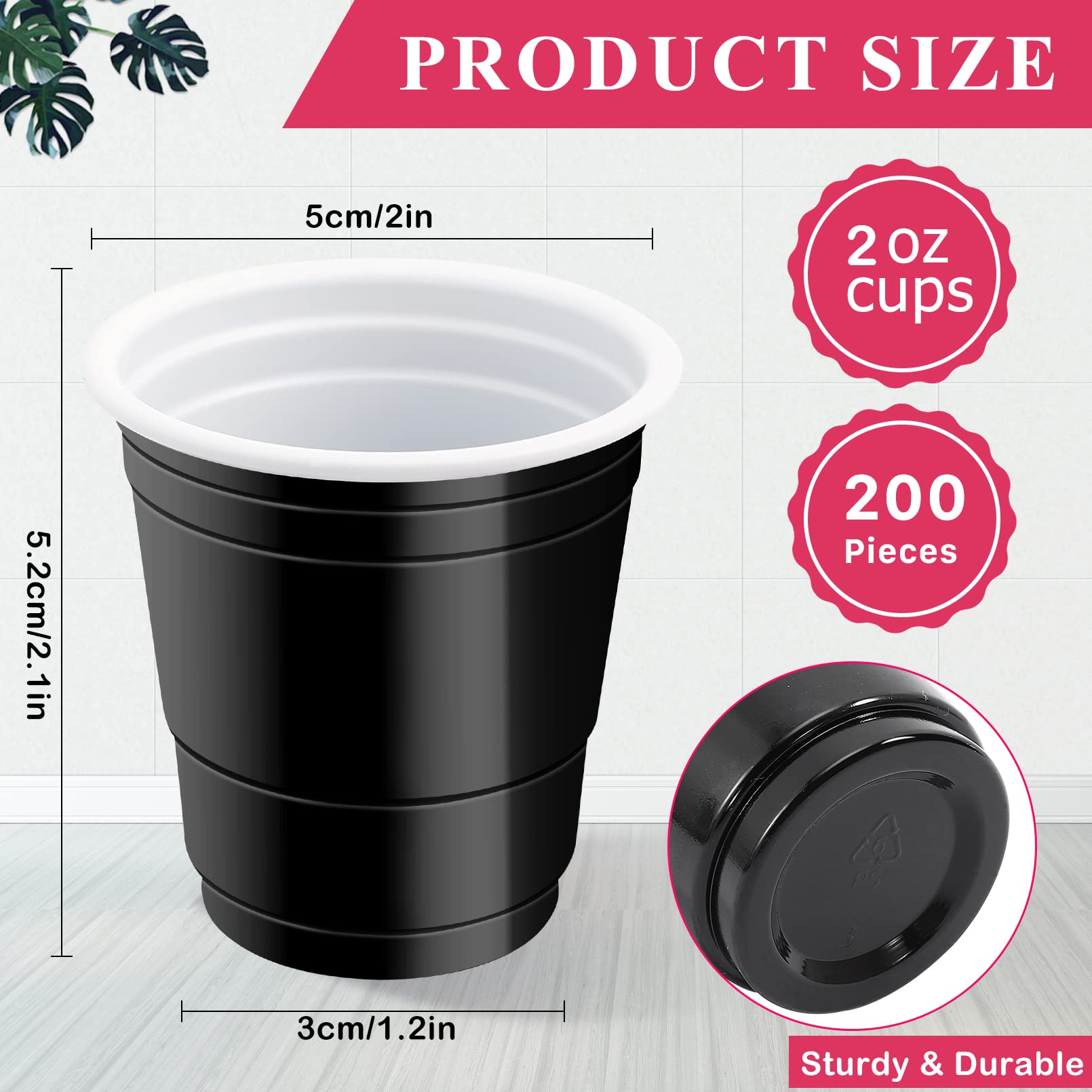 Cynquma 200Pcs 2 oz Black Plastic Shot Glasses, Disposable Mini Party Cups for Drinking, Birthday Parties, Weddings, and Other Occasions