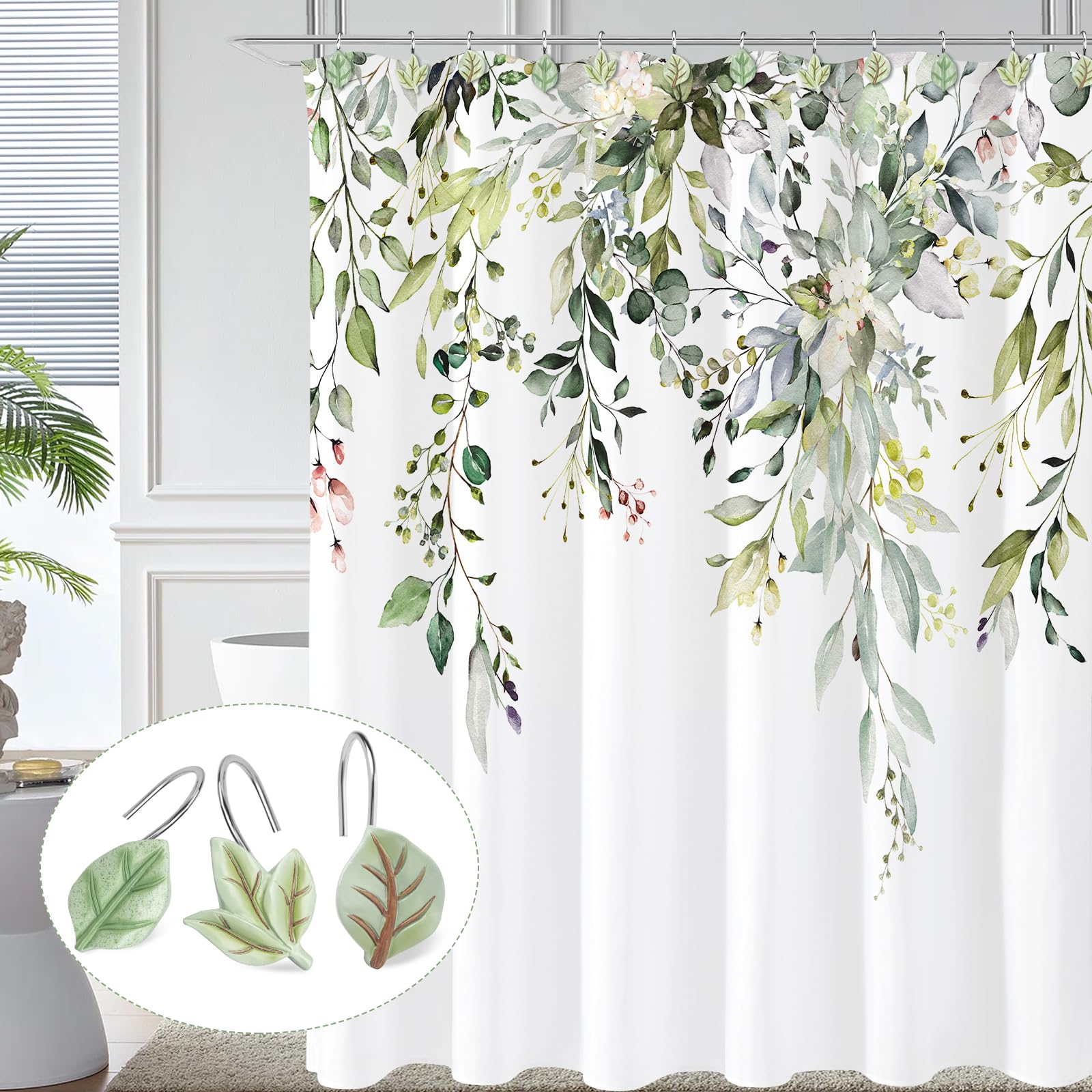 Gibelle 12PCS Leaves Shower Curtain Hooks, Green Plant Leaf Decorative Shower Curtain Hooks Metal Rustproof Cute Eucalyptus Shower Curtain Rings Bathroom Decoration Accessories