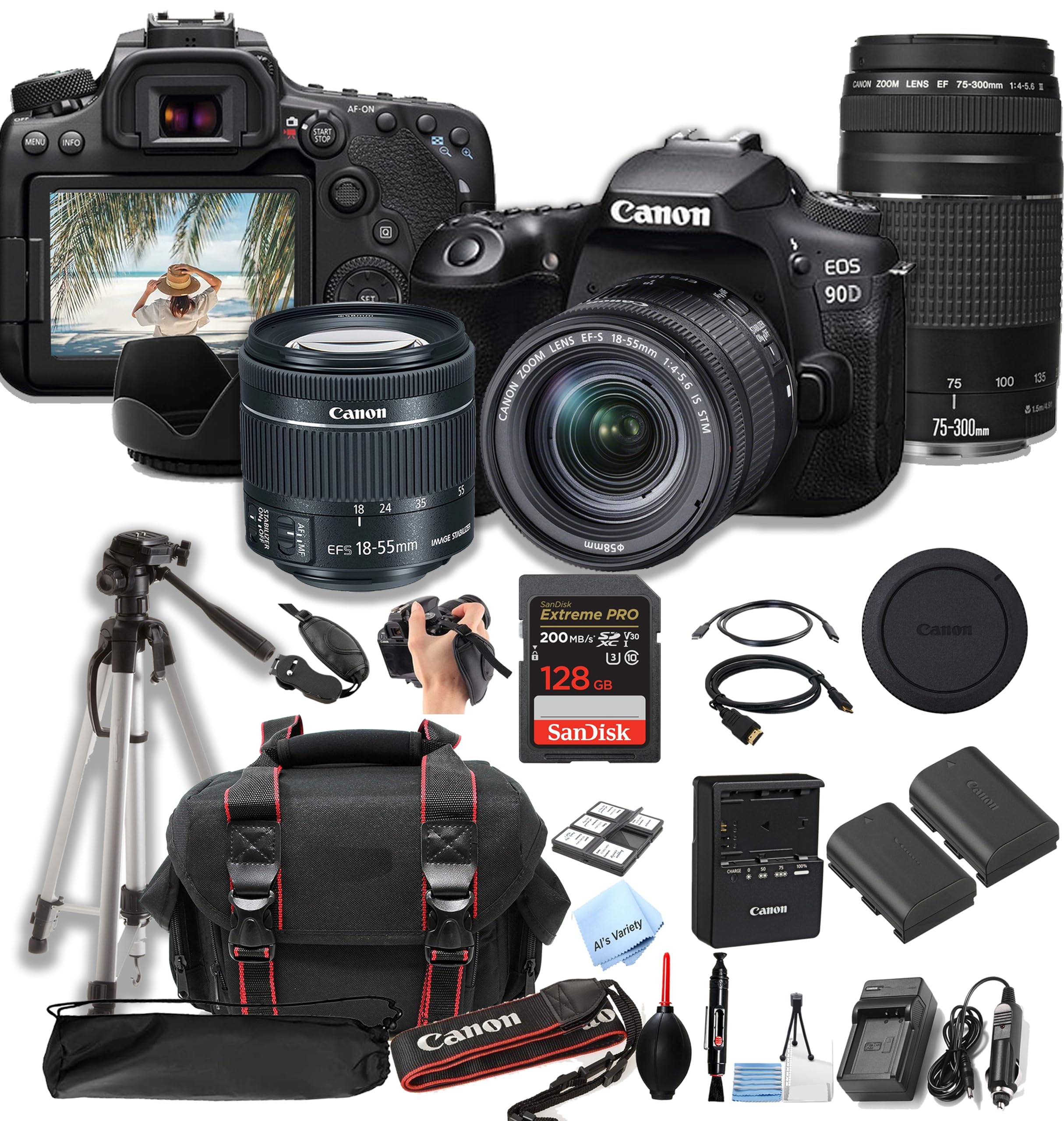 Canon EOS 90D DSLR Camera w/EF-S 18-55mm F/4-5.6 STM + 75-300mm F/4-5.6 III + 128GB Pro Speed Memory + Case + Tripod -Proffesional Bundle (Renewed)