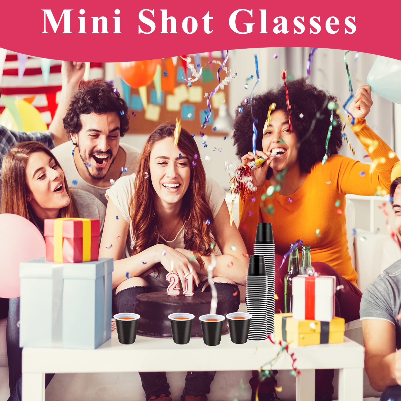 Cynquma 200Pcs 2 oz Black Plastic Shot Glasses, Disposable Mini Party Cups for Drinking, Birthday Parties, Weddings, and Other Occasions