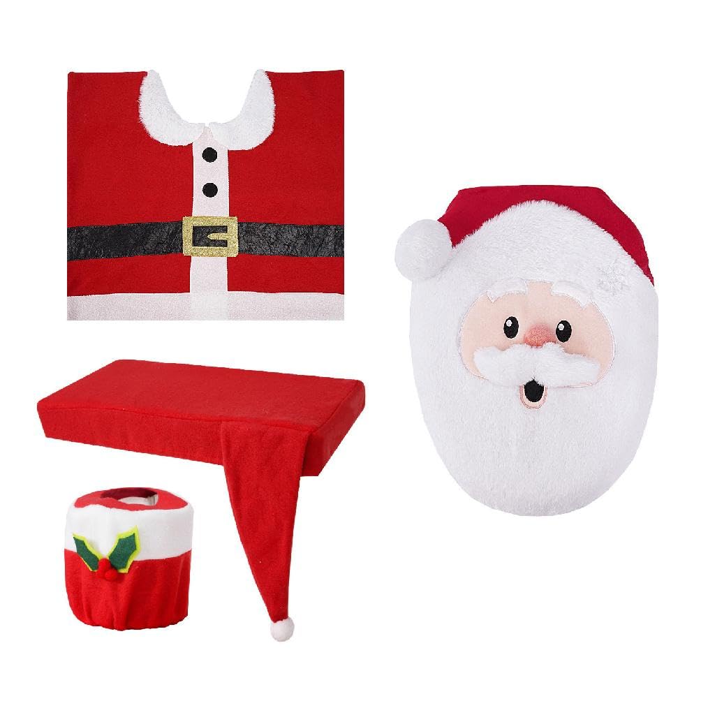 LIANXUE 4Pcs Christmas Theme Bathroom Decoration Set W/Toilet Seat Cover Rugs Tank Cover Toilet Paper Box Cover for Paper Box Cover
