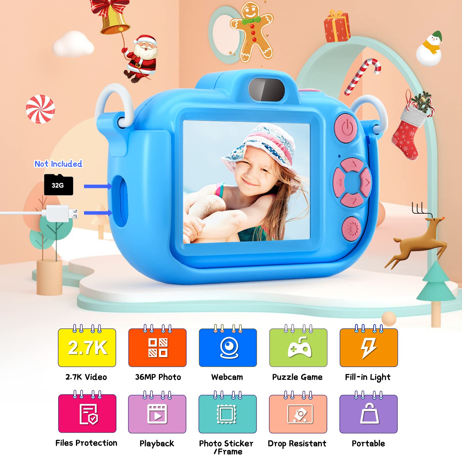 Kids Camera, Digital Camera for Kids 36M 2.7K Video Recorder with Fill-in Light, Automatic Shut-Down, 2.0 Inch Screen, Video Camera Christmas Birthdays for Girls Boys Toddlers Age 3 4 5 6 7 8 (Blue)