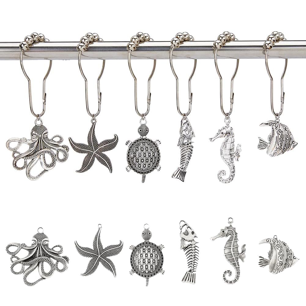 SUPERFINDINGS 12Pcs 6 Styles Ocean Theme Shower Curtain Rings Iron Shower Curtain Hooks Rings with Alloy Animal Pendants Starfish Fishbone Octopus Metal Shower Rings Hooks for Bathroom