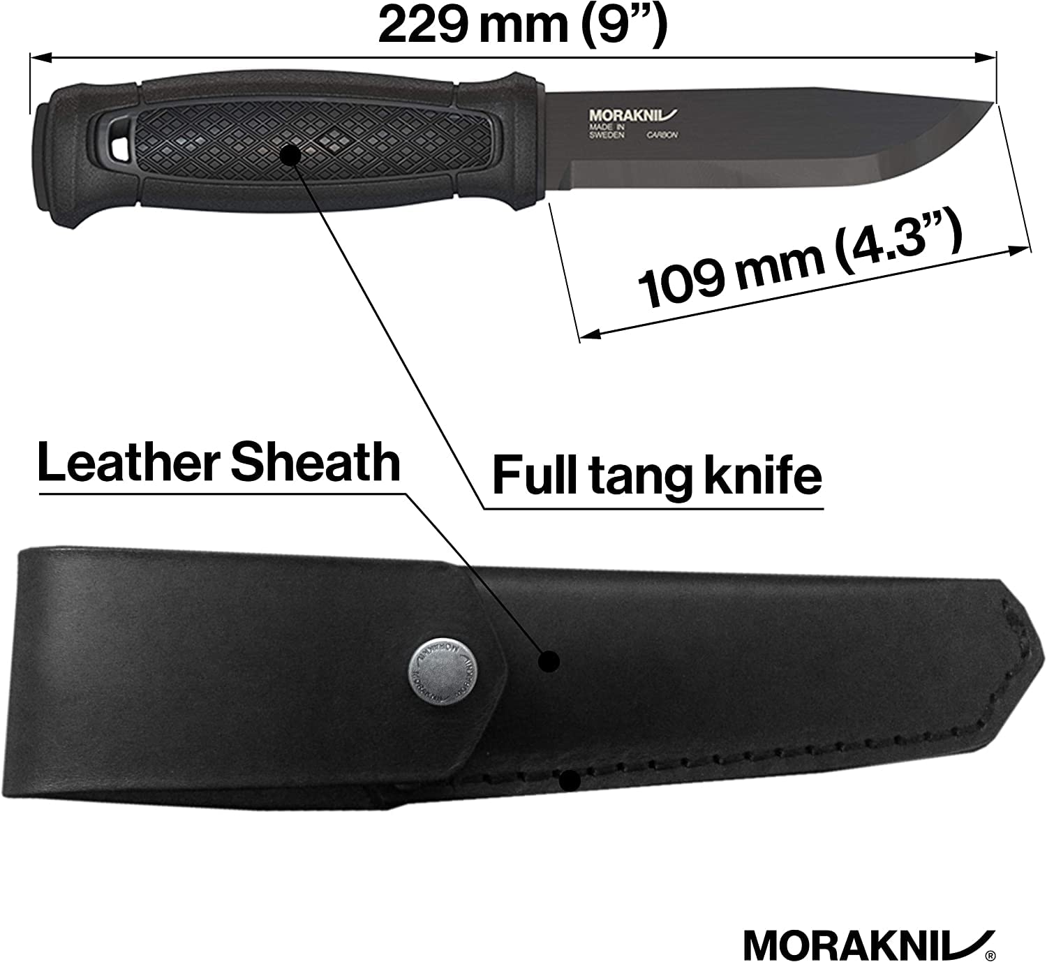 Morakniv Garberg Full Tang Fixed Blade Knife with Carbon Steel Blade and Leather Sheath, Black, 4.3 Inch