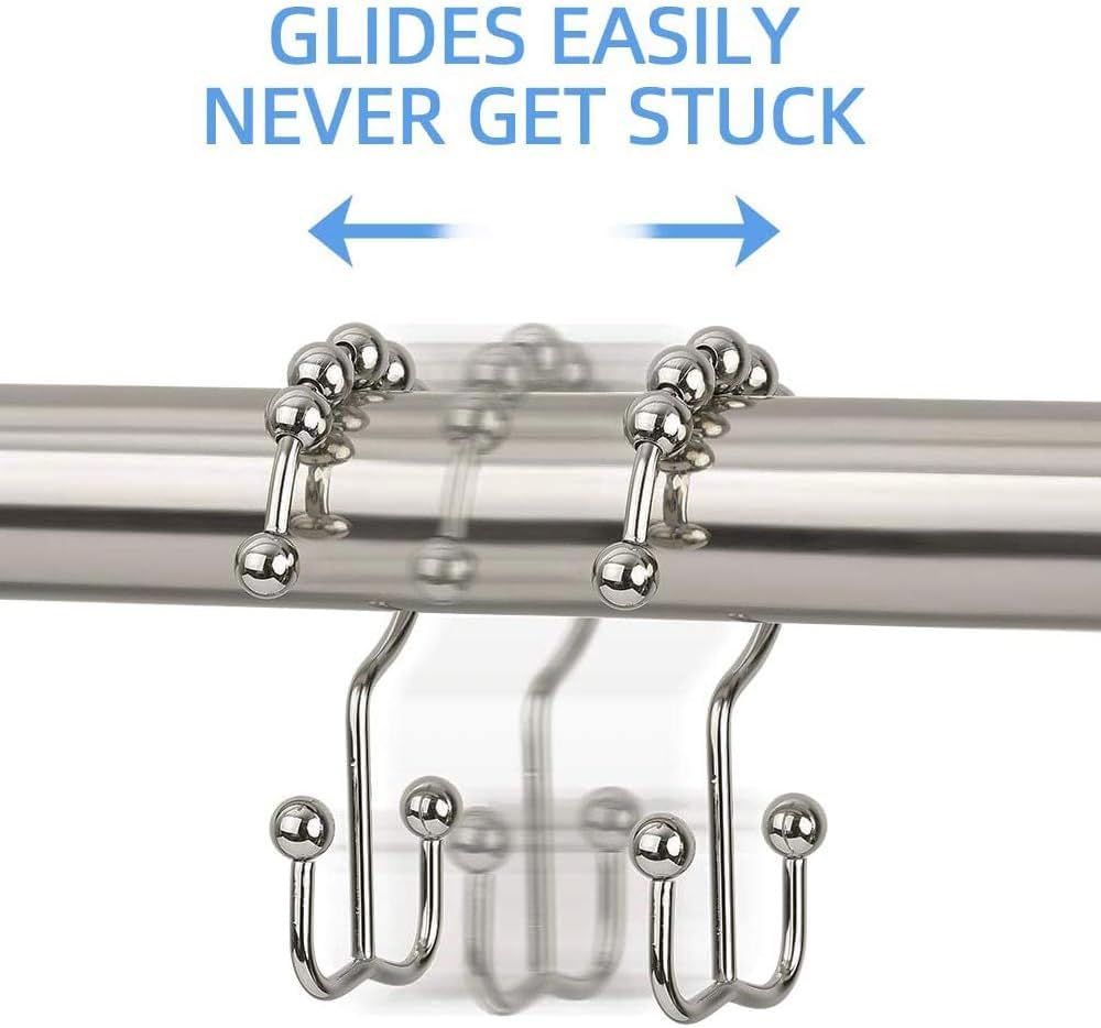 DAWNER Shower Curtain Hooks, Rust Proof Metal Easy Glide Double Rings, Stainless Steel Hangers for Bathroom Curtains, Set of 12, Brushed Nickel