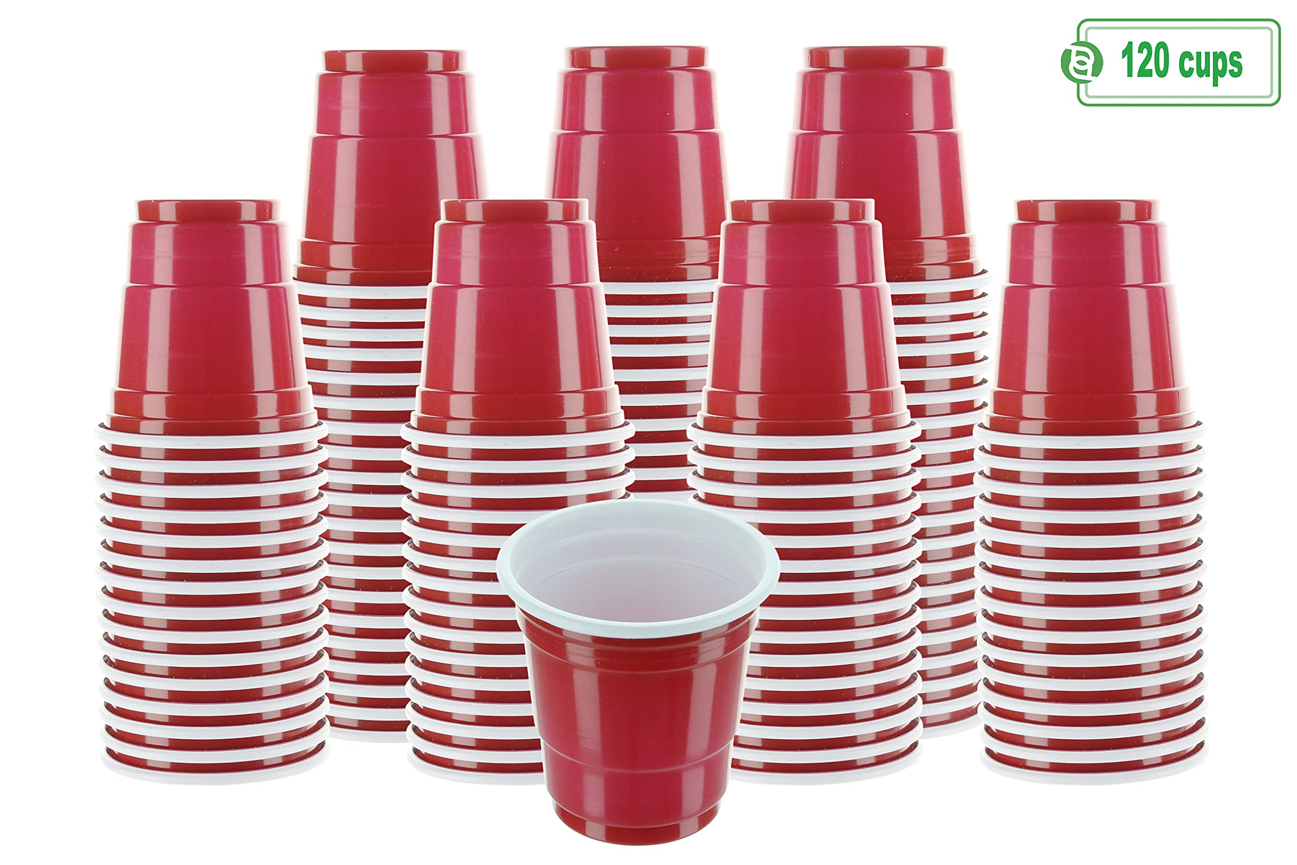 Disposable Shot Glasses - Mini Red Party Cups - 120 Count 2 Ounce - Plastic Shot Cups - Jello Shots - Jager Bomb - Beer Pong - Perfect Size for Serving Condiments, Snacks, Samples and Tastings
