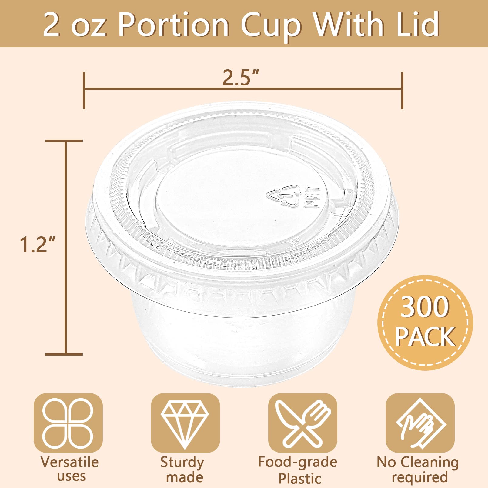 Loppdece [300 Sets - 2 oz Jello Shot Cups,Small Portion Cups with Lids,Airtight and Stackable Disposable Condiment Cups,Clear Plastic Containers with Lids for Salad Dressing Dipping Sauce Condiment
