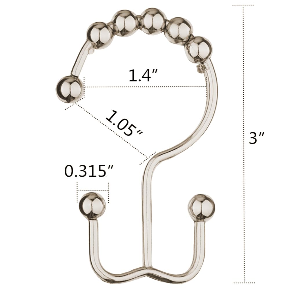 DAWNER Shower Curtain Hooks, Rust Proof Metal Easy Glide Double Rings, Stainless Steel Hangers for Bathroom Curtains, Set of 12, Brushed Nickel