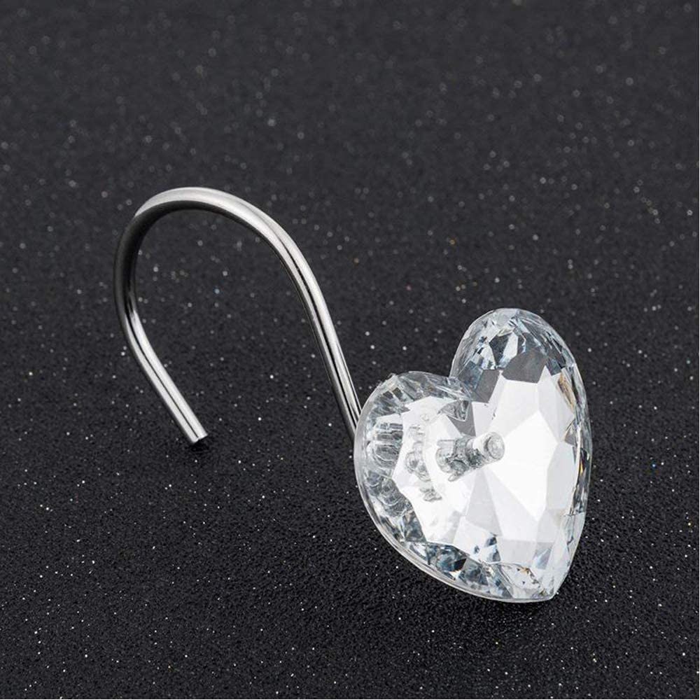 Actpe Decorative Crystal Heart Shape Shower Curtain Hooks Rust Resistant Hooks Glide Shower Ring Hangs Holder Bling for Bathroom, Pack of 12