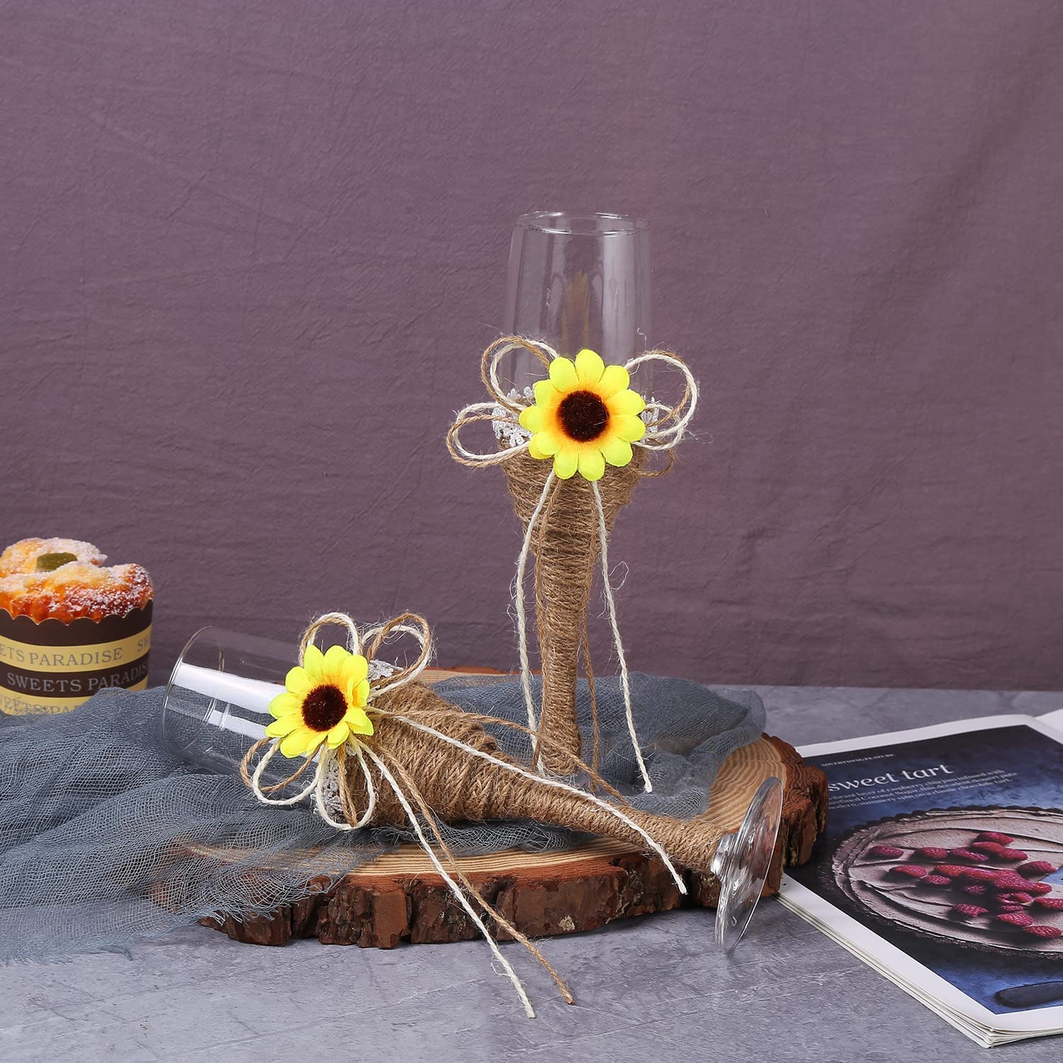 TANG SONG Set of 2 Sunflower Burlap Lace Elegant Wedding Champagne Glass Set for Parties Weddings Birthdays Anniversaries