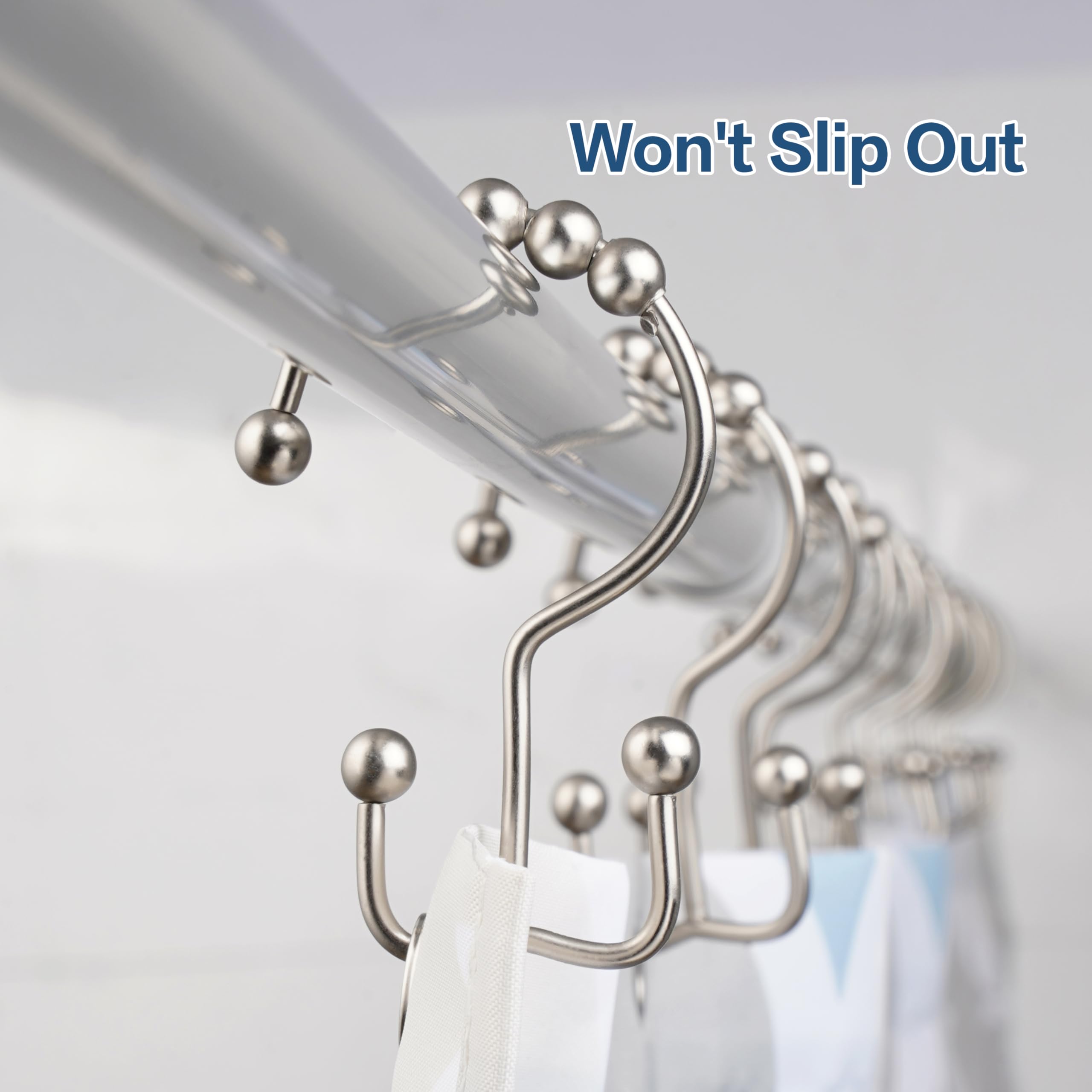 DAWNER Shower Curtain Hooks, Rust Proof Metal Easy Glide Double Rings, Stainless Steel Hangers for Bathroom Curtains, Set of 12, Brushed Nickel