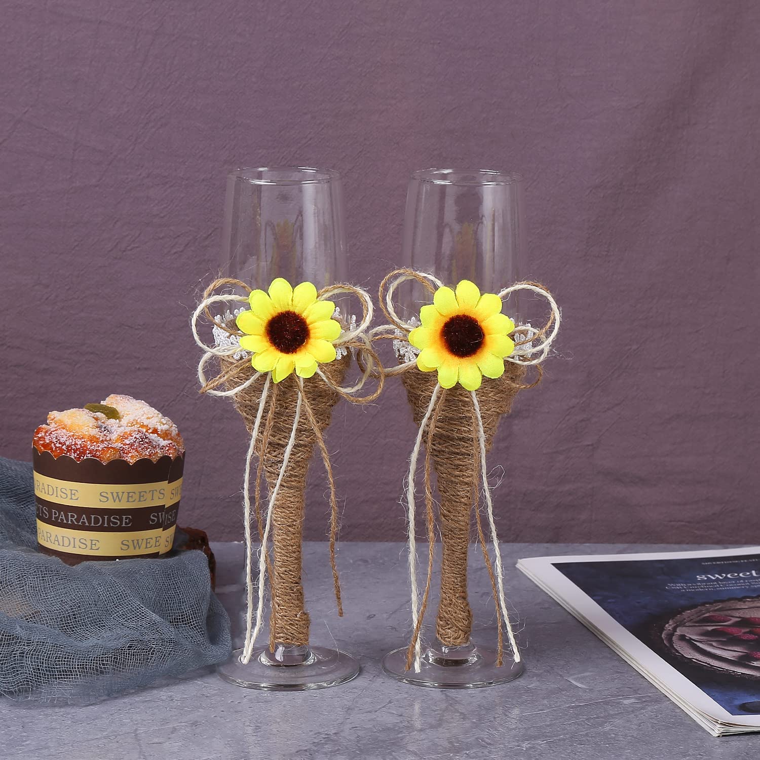 TANG SONG Set of 2 Sunflower Burlap Lace Elegant Wedding Champagne Glass Set for Parties Weddings Birthdays Anniversaries