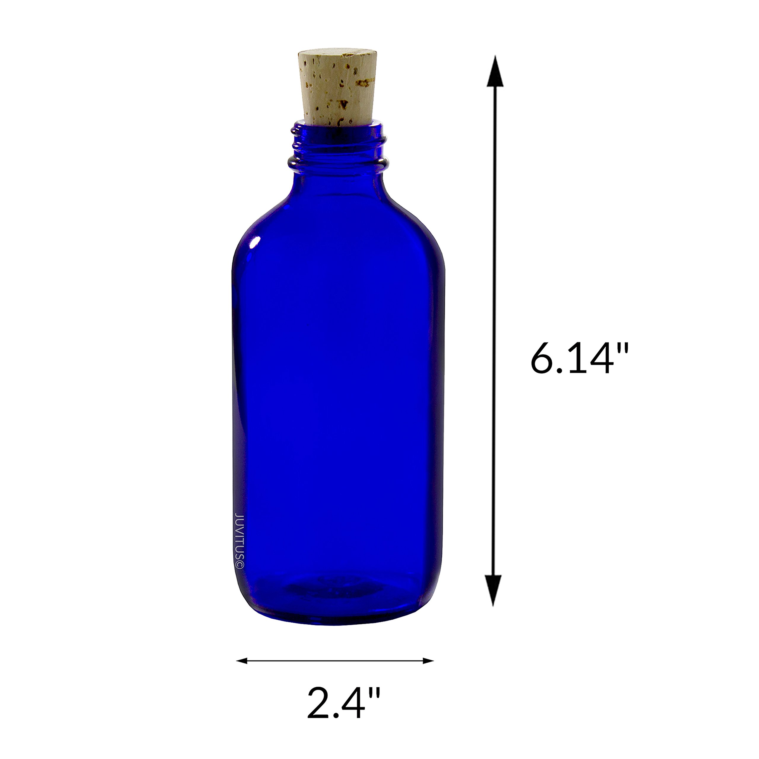 JUVITUS (4 Pack) 8 oz Cobalt Blue Boston Round Thick Plated Glass Bottle with Cork Stopper