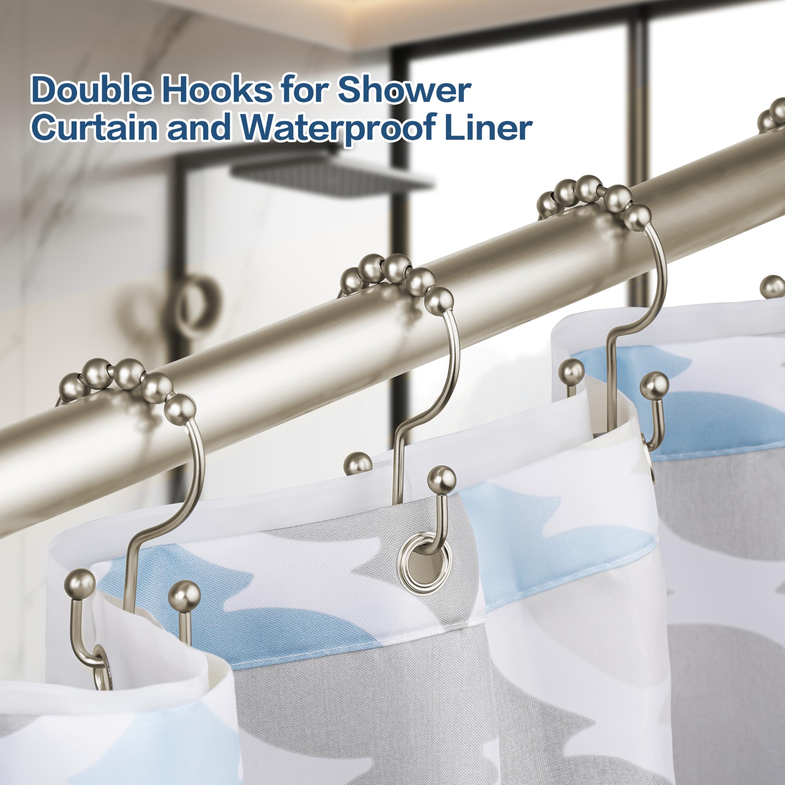 DAWNER Shower Curtain Hooks, Rust Proof Metal Easy Glide Double Rings, Stainless Steel Hangers for Bathroom Curtains, Set of 12, Brushed Nickel