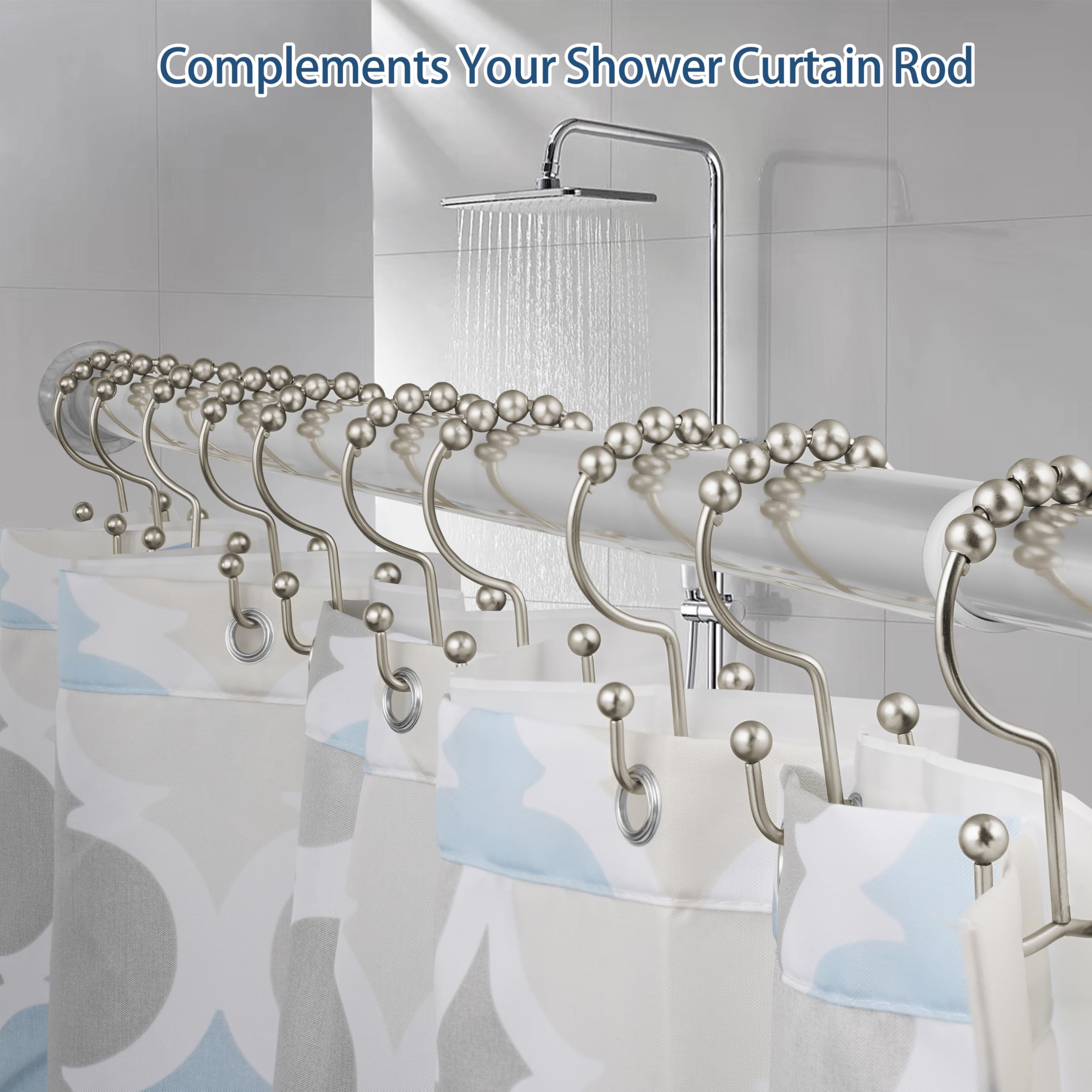 DAWNER Shower Curtain Hooks, Rust Proof Metal Easy Glide Double Rings, Stainless Steel Hangers for Bathroom Curtains, Set of 12, Brushed Nickel