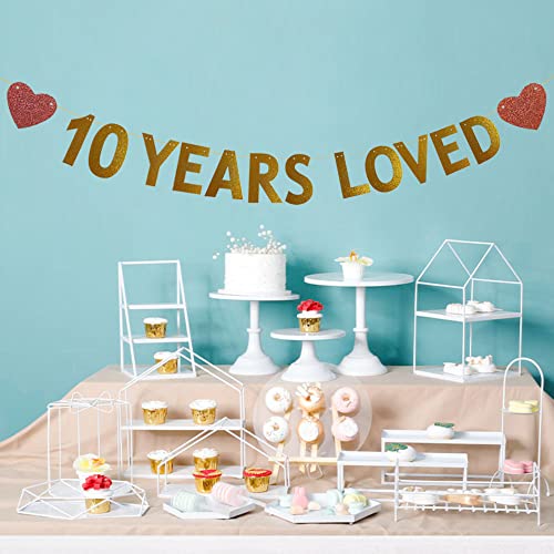 10 YEARS LOVED Banner for 10th Birthday /Wedding Anniversary Party Decorations Supplies, Pre-strung, No Assembly Required, Gold Glitter Paper Garlands Banner, Backdrops, Letters Gold, Betteryanzi
