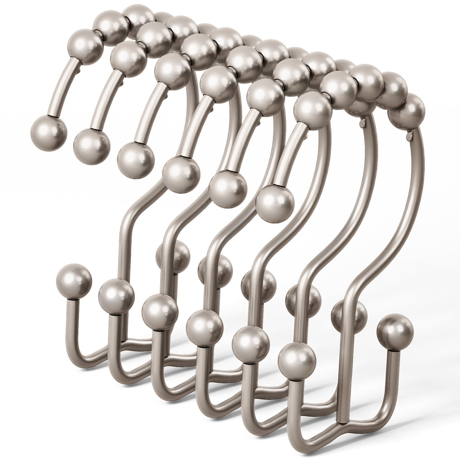 DAWNER Shower Curtain Hooks, Rust Proof Metal Easy Glide Double Rings, Stainless Steel Hangers for Bathroom Curtains, Set of 12, Brushed Nickel