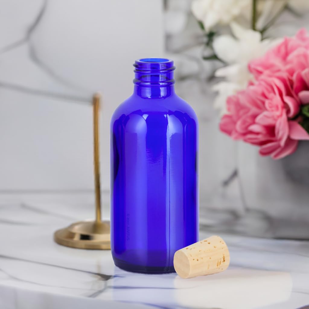 JUVITUS (4 Pack) 8 oz Cobalt Blue Boston Round Thick Plated Glass Bottle with Cork Stopper