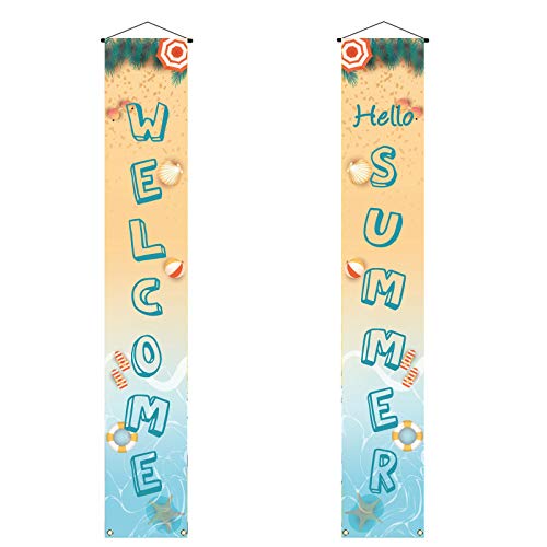 Pudodo Welcome Hello Summer Porch Banner Beach Themed Sea Palm Leaves Starfish Seashell Holiday Party Front Door Wall Sign Decoration