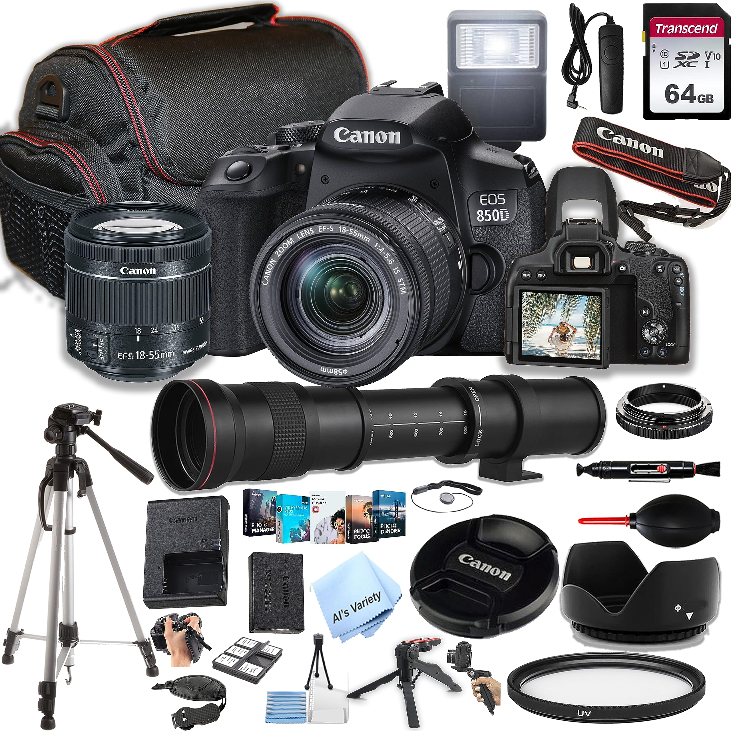Canon EOS 850D / Rebel T8I DSLR Camera w/EF-S 18-55mm F/4-5.6 STM Zoom Lens + 420-800mm Super Telephoto Lens + 64GB Memory, Case, Tripod, Flash, Remote, and More (36pc Bundle) (Renewed)