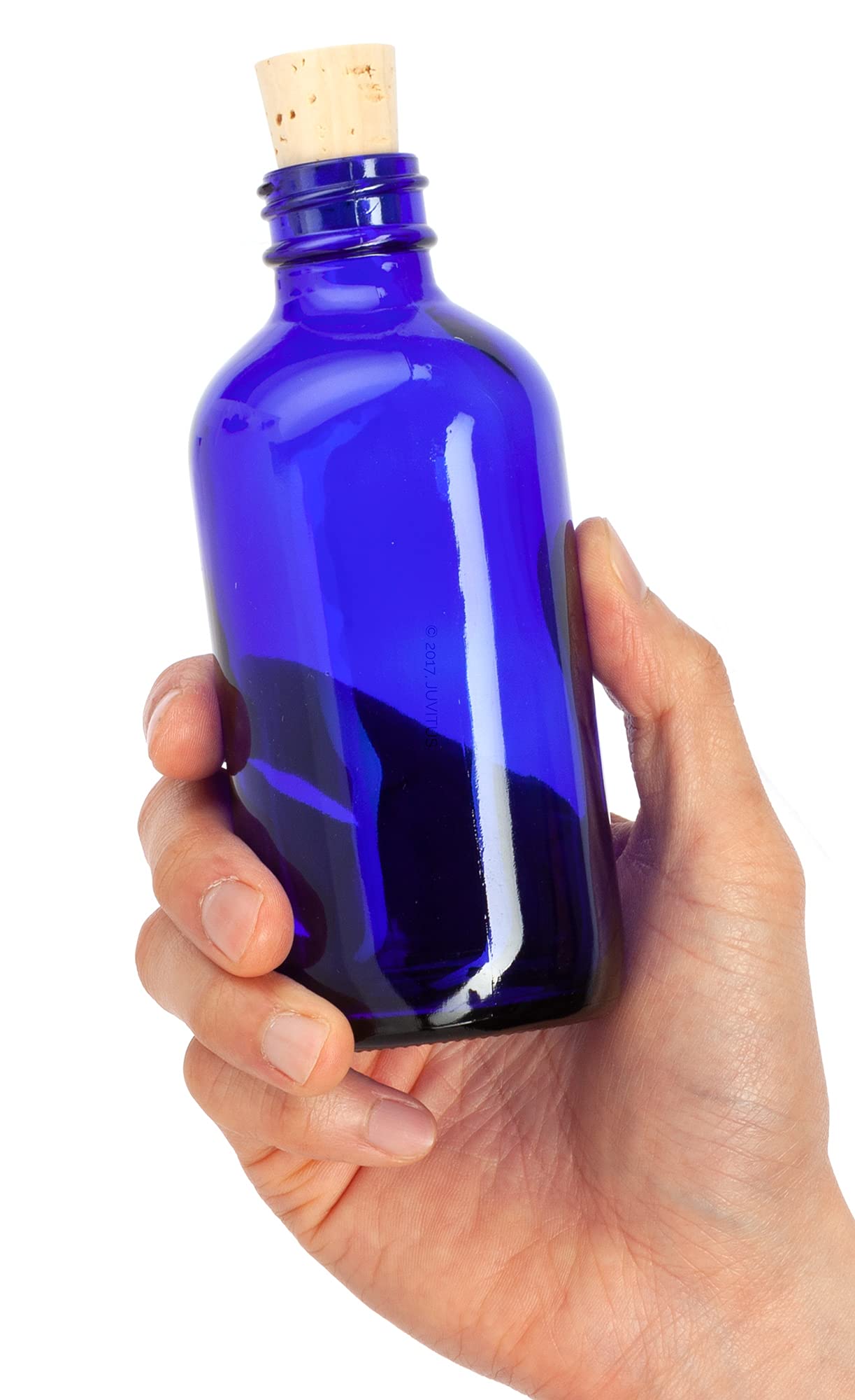 JUVITUS (4 Pack) 8 oz Cobalt Blue Boston Round Thick Plated Glass Bottle with Cork Stopper