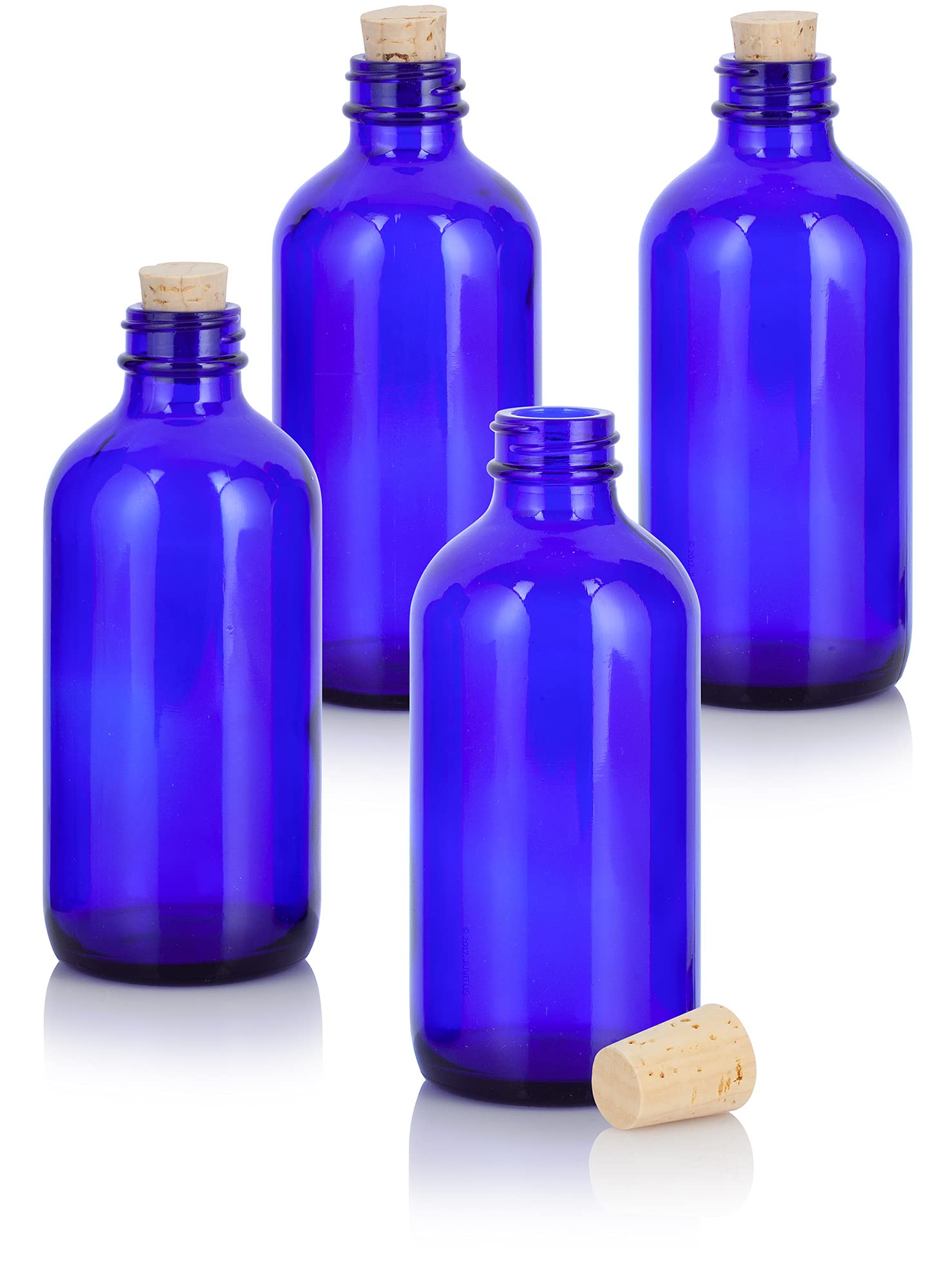 JUVITUS (4 Pack) 8 oz Cobalt Blue Boston Round Thick Plated Glass Bottle with Cork Stopper