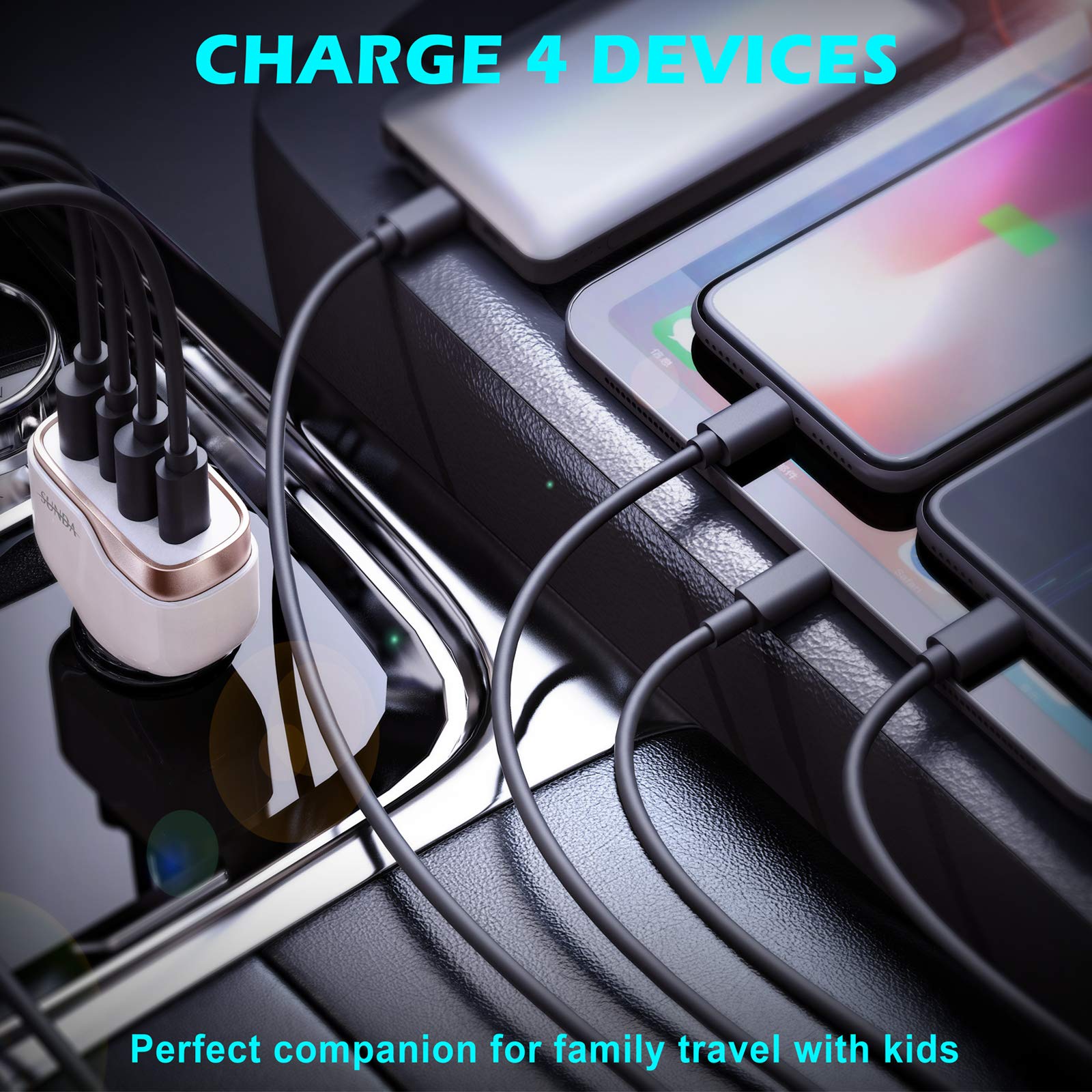 SUNDA 60W USB C Fast Car Charger, 4-Ports Car Charger Adapter, Dual Type C PD30W/PPS30W Compatible with iPhone16/15 Pro/Max/iPhone14/iPad Pro/Galaxy/SamsungS24, Dual USB-A 18W QC3.0 for Android