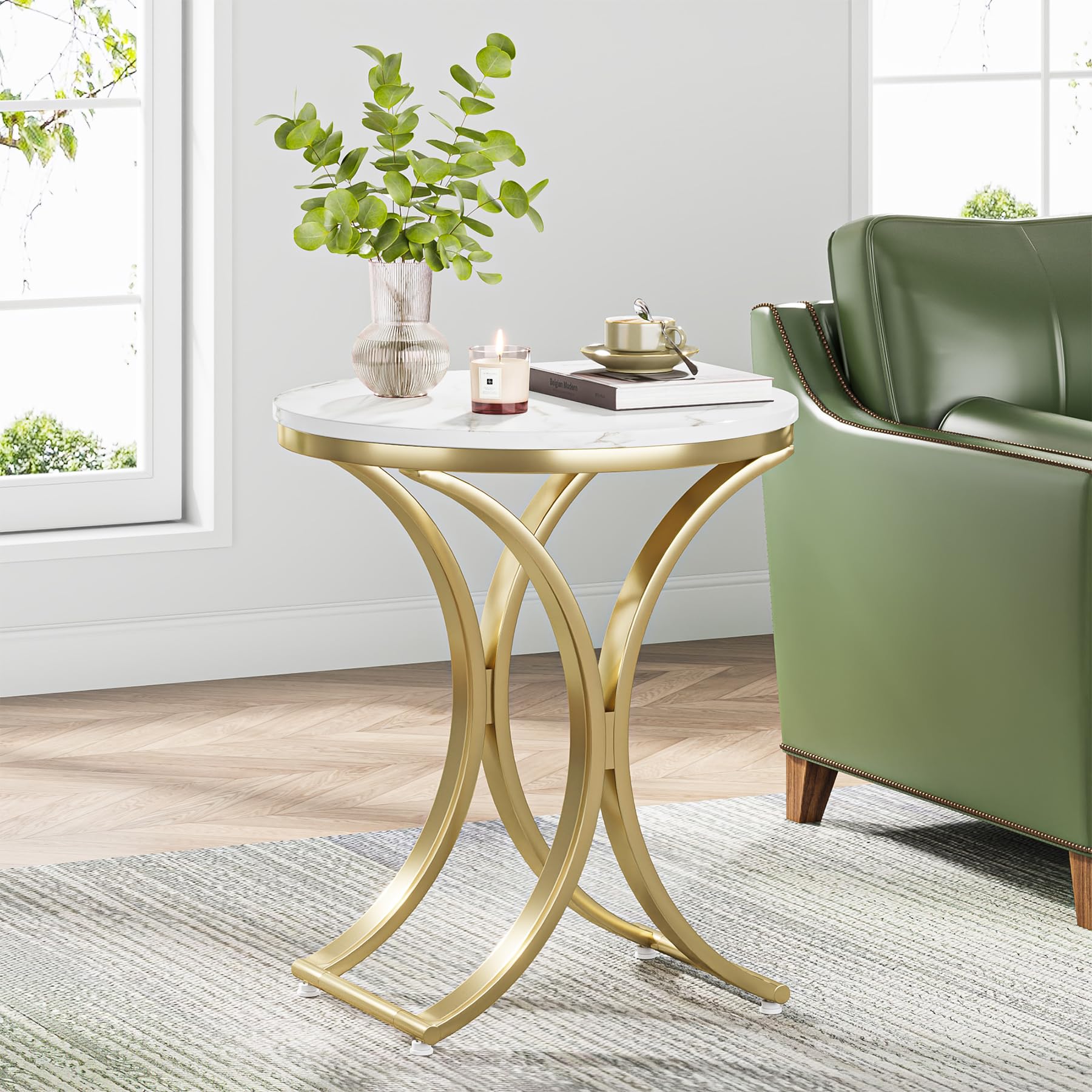 Tribesigns Small Round Sofa Side Table Set of 2, Contemporary Round Coffee Table, Accent Bedside Table (Faux Marble)