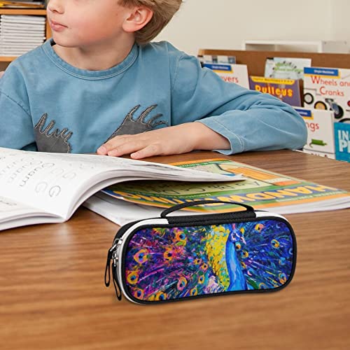 Colorful Peacock Printed Pencil Case Bag Stationery Pouch with Handle Portable Makeup Bag Desk Organizer