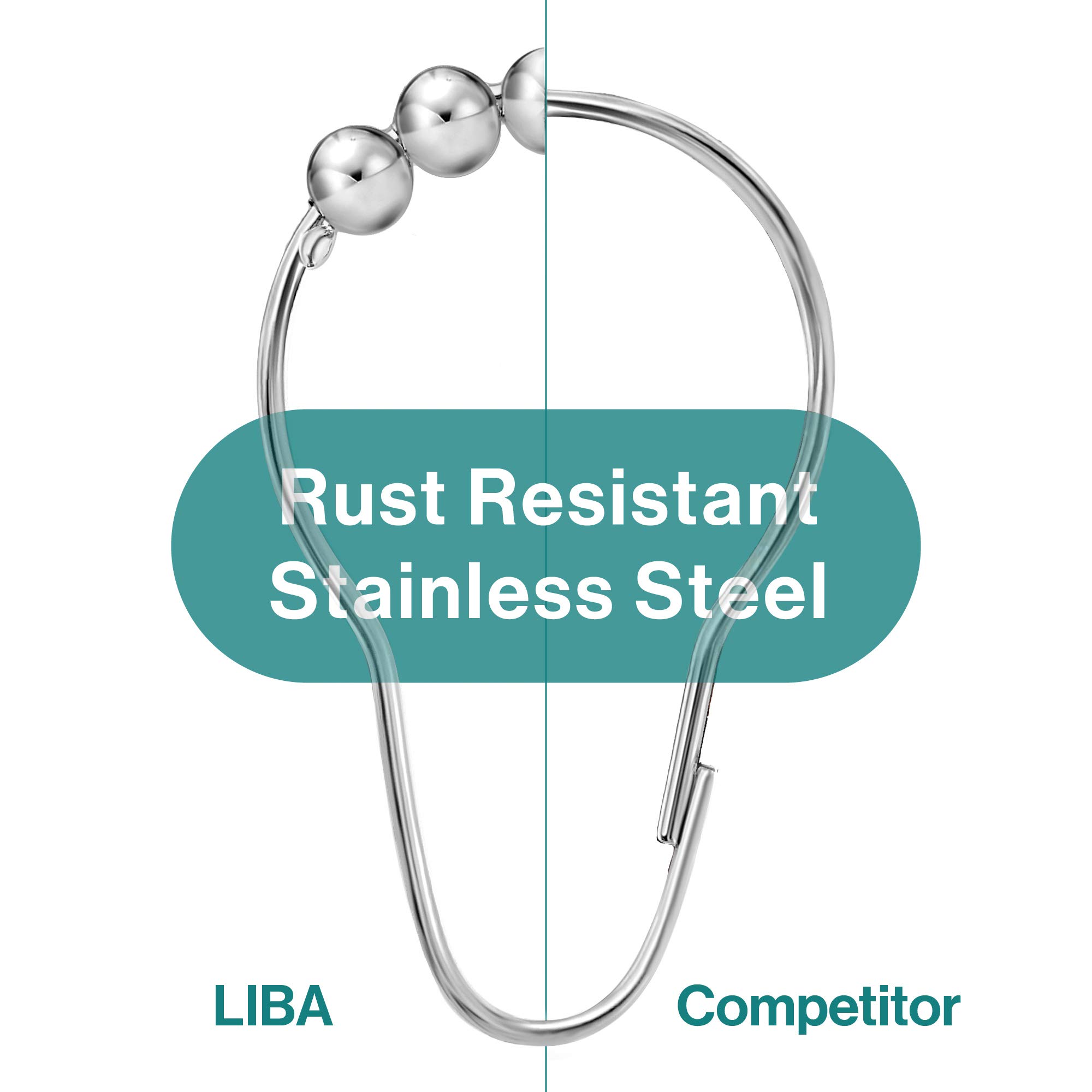 LiBa Shower Curtain Rings Hooks Rustproof Stainless Steel Nickel Chrome Plating for Bathroom Shower Curtain Rods- Set of 12