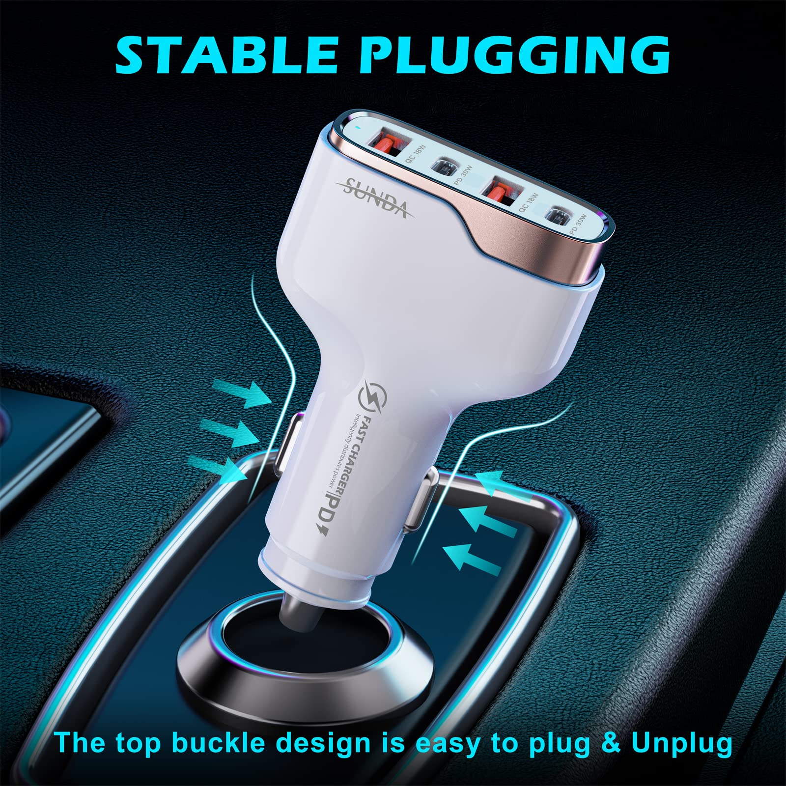 SUNDA 60W USB C Fast Car Charger, 4-Ports Car Charger Adapter, Dual Type C PD30W/PPS30W Compatible with iPhone16/15 Pro/Max/iPhone14/iPad Pro/Galaxy/SamsungS24, Dual USB-A 18W QC3.0 for Android