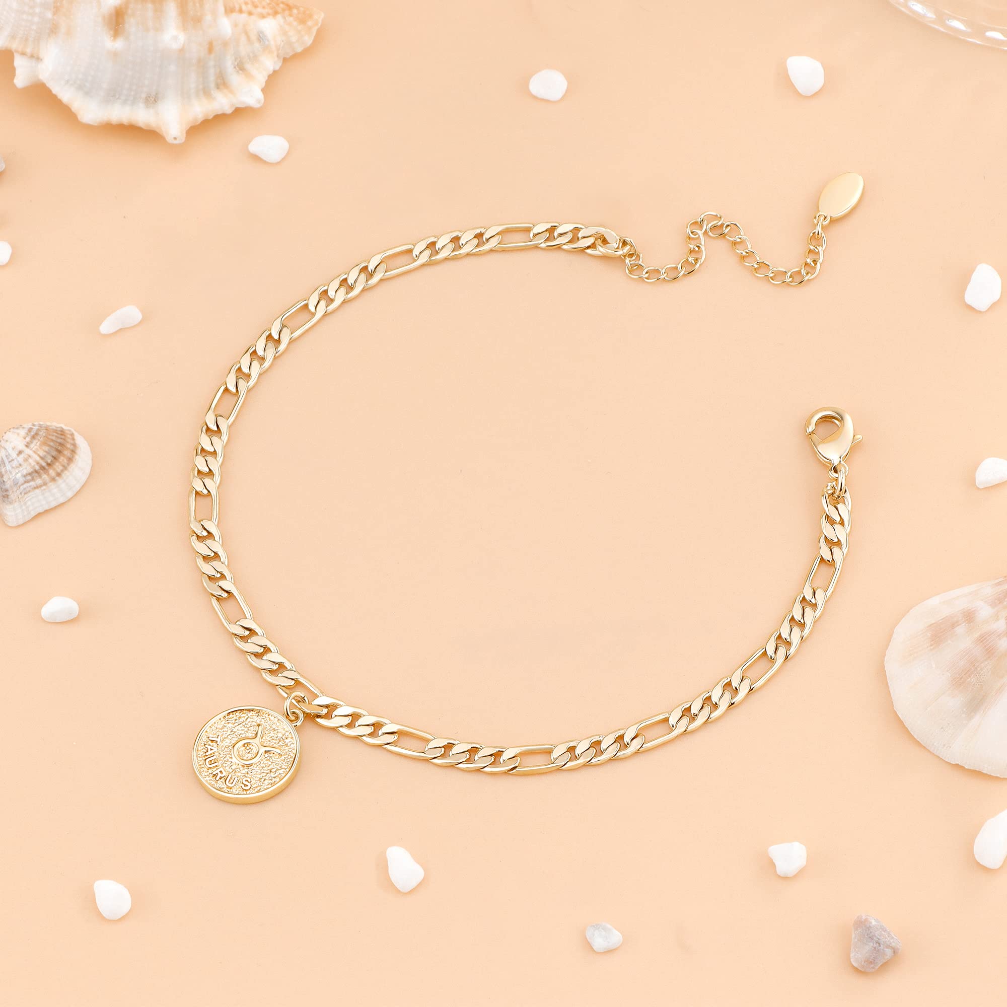 Anklets for Women Dainty Zodiac Constellation Waterproof Ankle Bracelet Zodiac Sign Disc Taurus Anklet 14k Gold-Plated