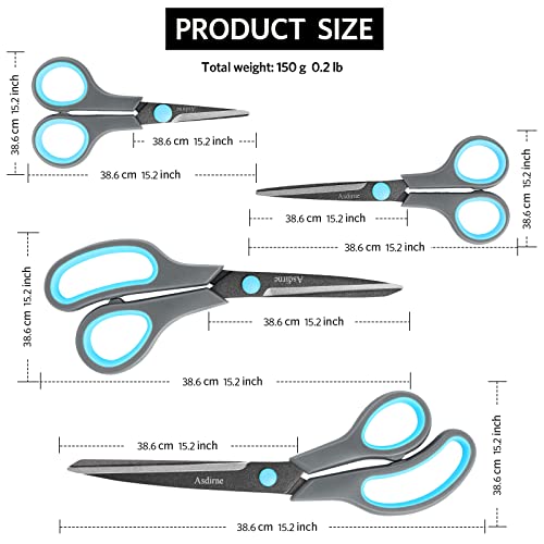 Asdirne Scissors, Teflon Coating All Purpose Scissors , Non-Stick Stainless Steel Blades, Ergonomic Semi-Soft Rubber Grip, Great for Craft, Office, School, Set of 4, 10"/8.5"/6"/5", Blue&Gray