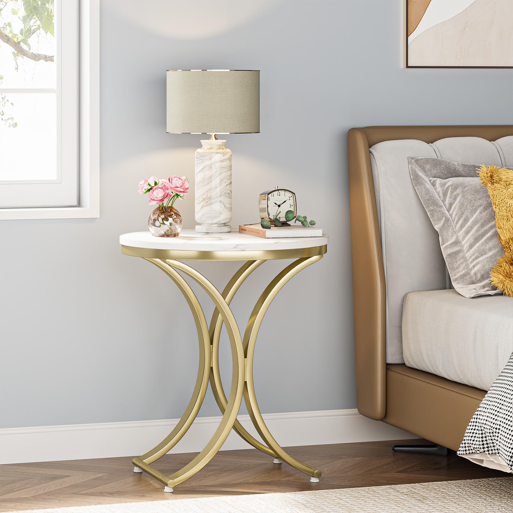 Tribesigns Small Round Sofa Side Table Set of 2, Contemporary Round Coffee Table, Accent Bedside Table (Faux Marble)