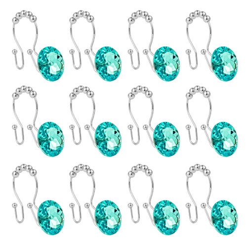 Stainless Steel Rust Resistant Double Hooks Glide Shower Ring Hangs for Both Shower Curtain and Liner 12-Pack (Aqua Blue)