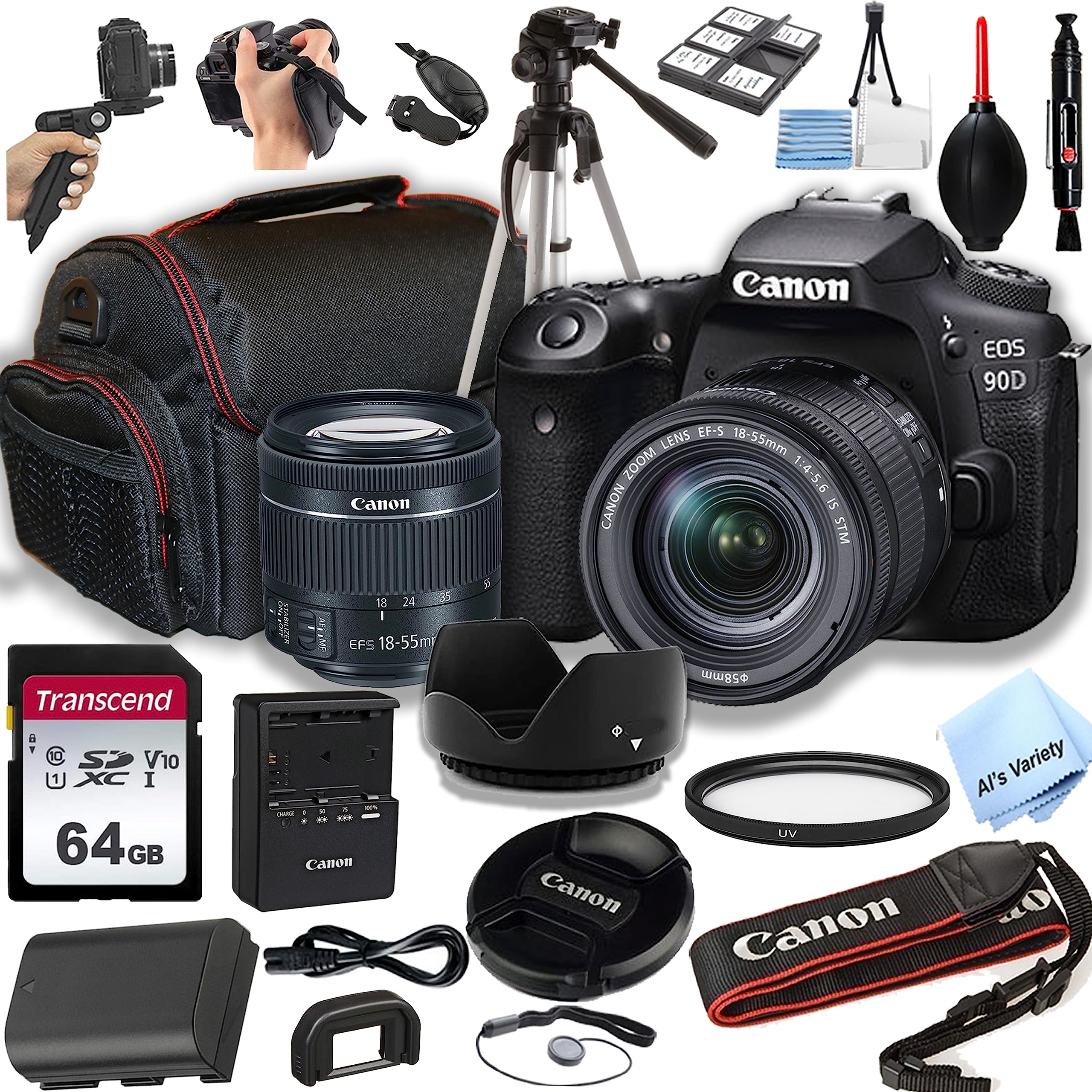 Canon EOS 90D DSLR Camera w/EF-S 18-55mm F/4-5.6 STM Zoom Lens + 64GB Memory Card, Case, Hood, Tripod, Grip-Pod, Filter, Professional Photo Bundle(24pc)