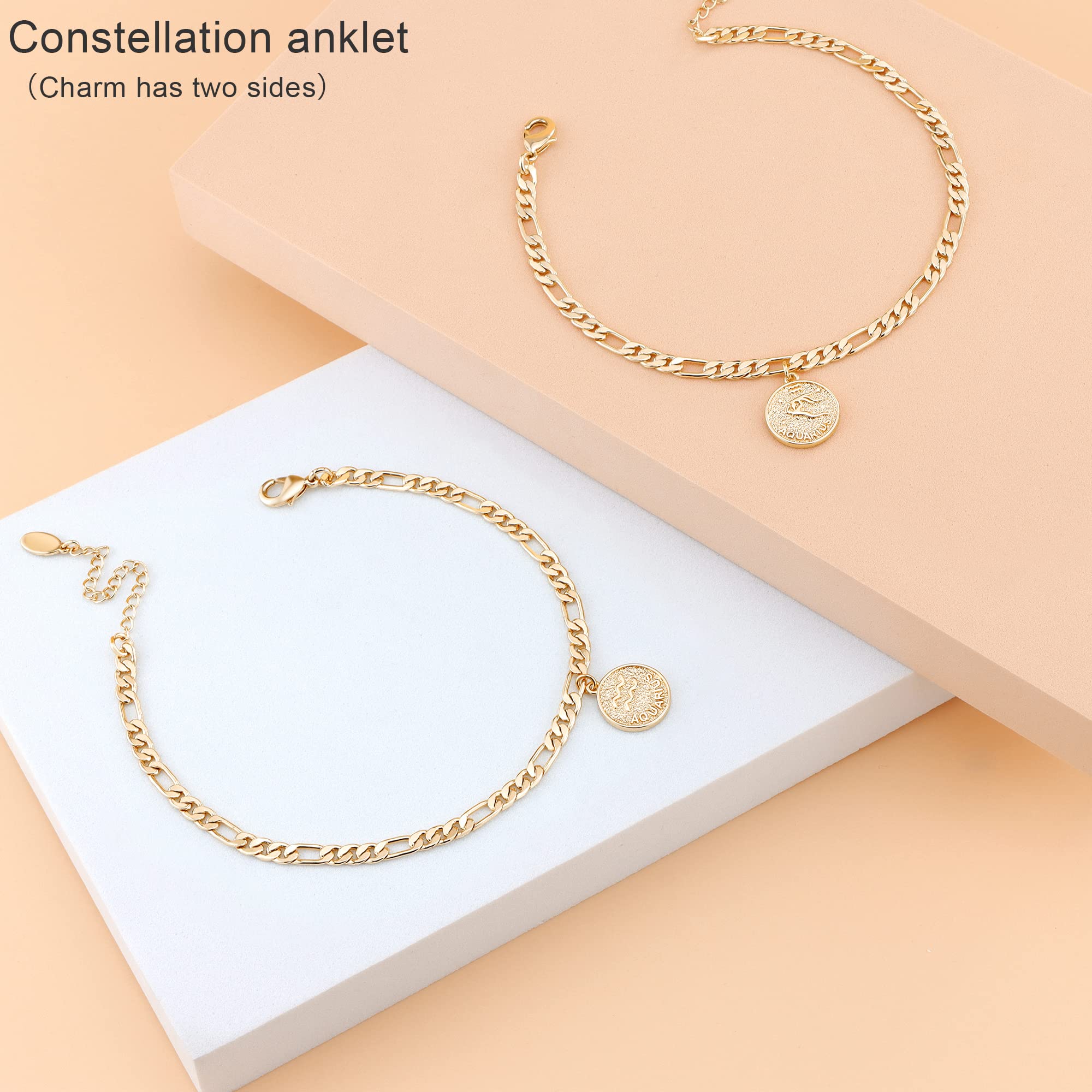 Anklets for Women Dainty Zodiac Constellation Waterproof Ankle Bracelet Zodiac Sign Disc Taurus Anklet 14k Gold-Plated