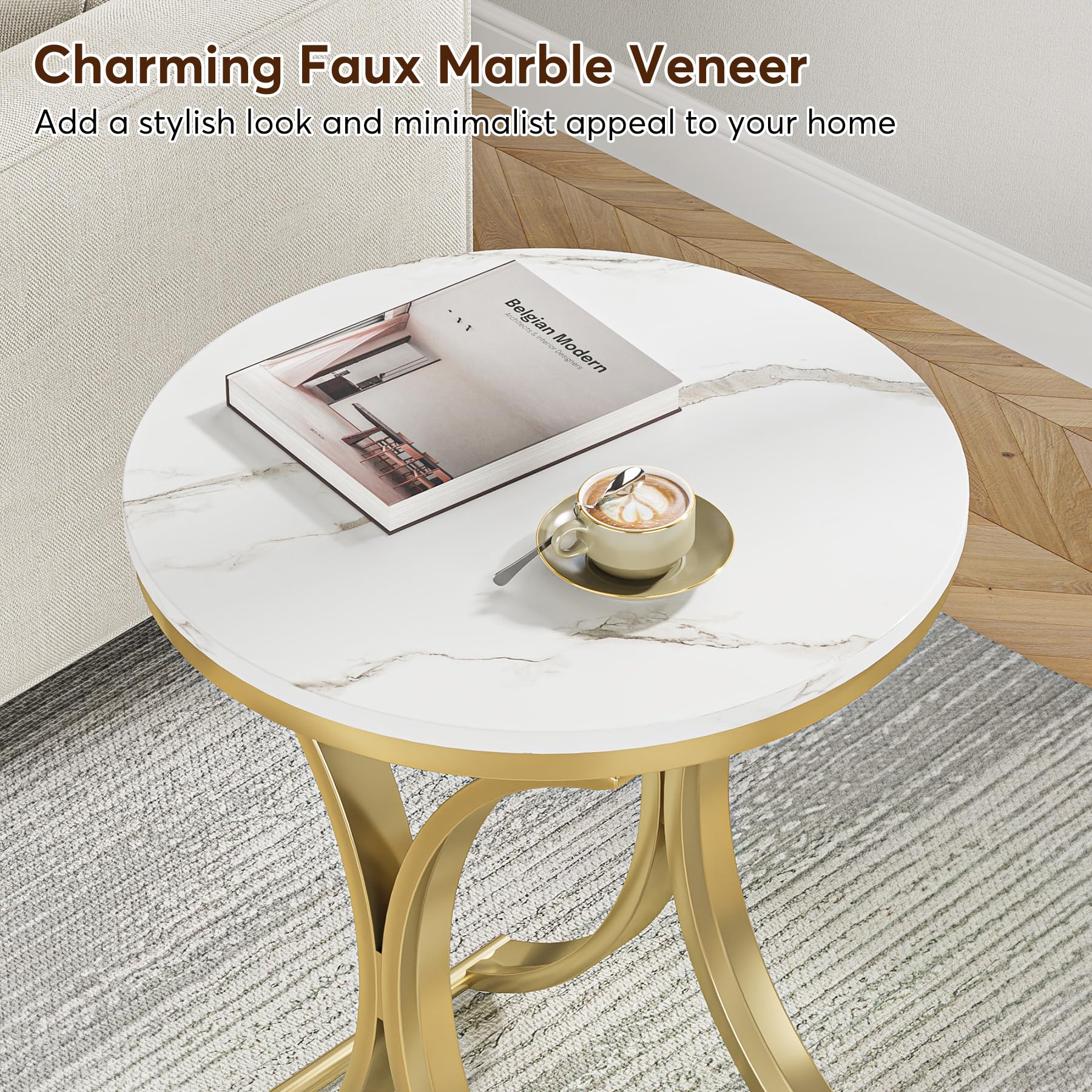 Tribesigns Small Round Sofa Side Table Set of 2, Contemporary Round Coffee Table, Accent Bedside Table (Faux Marble)