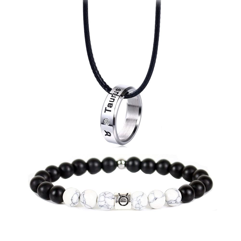 Taurus Zodiac Rings Necklace 12 Constellation Horoscope Distance Beaded Bracelet Necklace for Women Men Christmas Jewelry