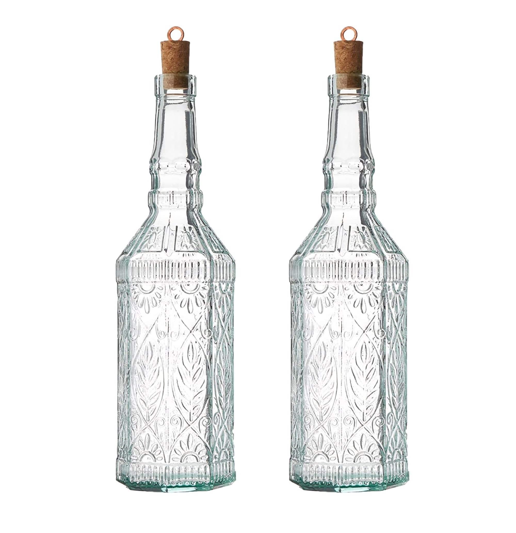 Bormioli Rocco Set Of 2 Country Home Fiesole Bottle, 24-ounce With All Natural Cork Lid, Blue-green Tinted Star Glass, Elegant And Floral Design Made In Italy.