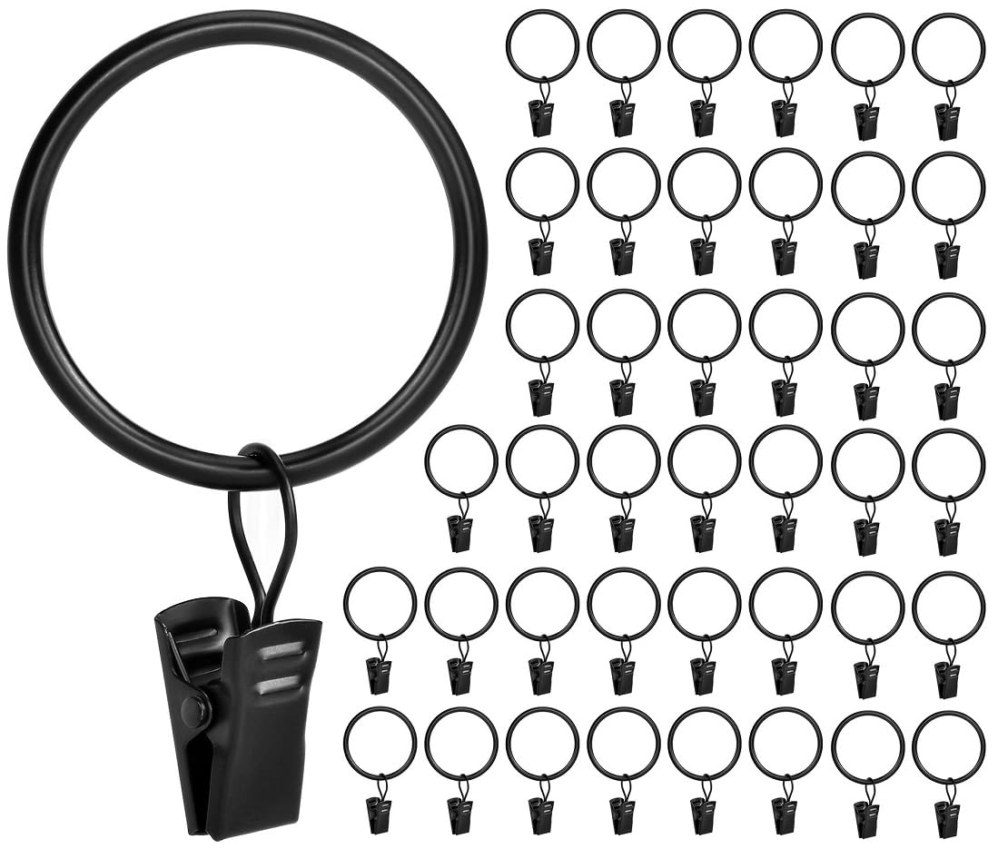 Curtain Rings with Clip - Set of 42,Interior Diameter 1",Fits up to 5/8 Inch Rod Made of Metal-Black