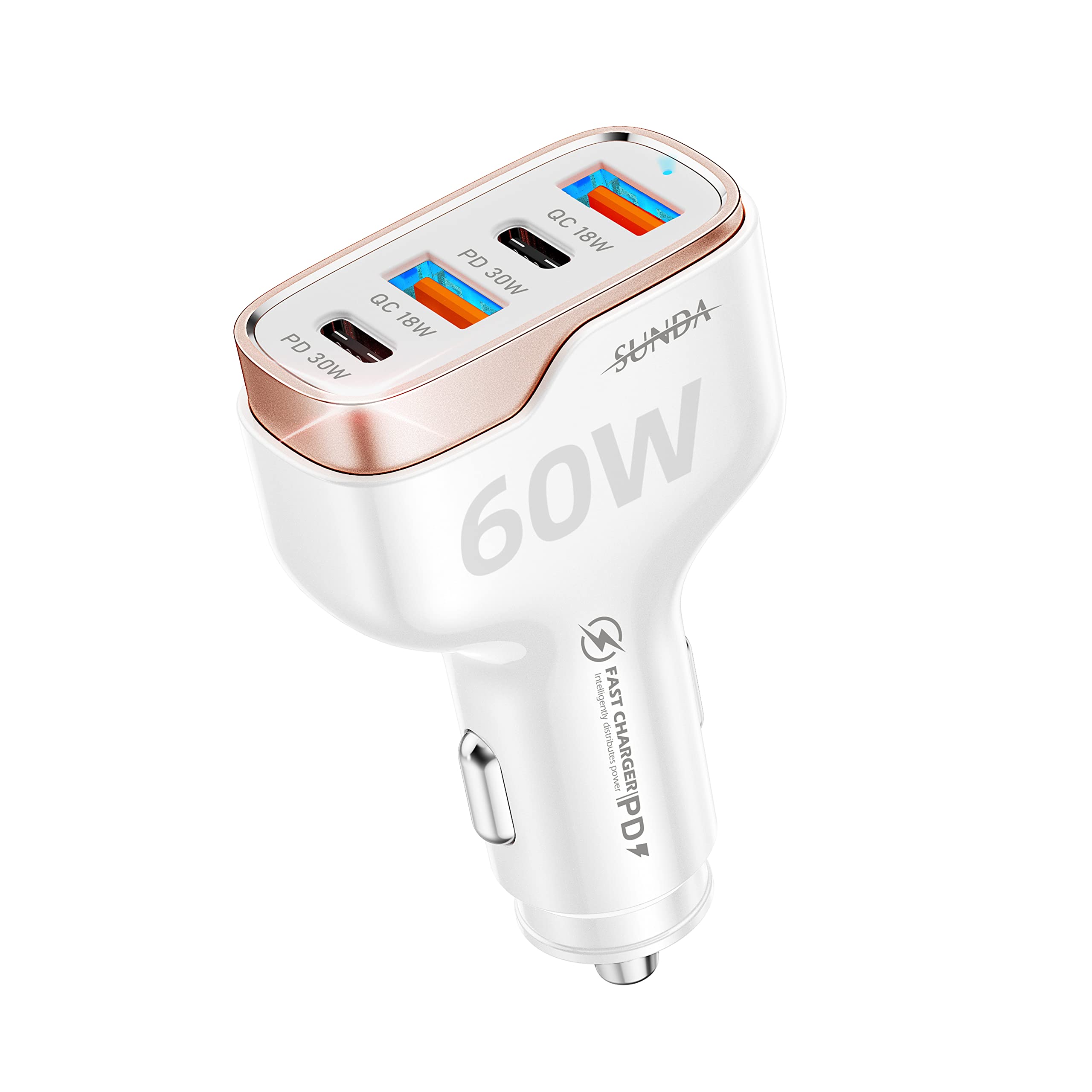 SUNDA 60W USB C Fast Car Charger, 4-Ports Car Charger Adapter, Dual Type C PD30W/PPS30W Compatible with iPhone16/15 Pro/Max/iPhone14/iPad Pro/Galaxy/SamsungS24, Dual USB-A 18W QC3.0 for Android